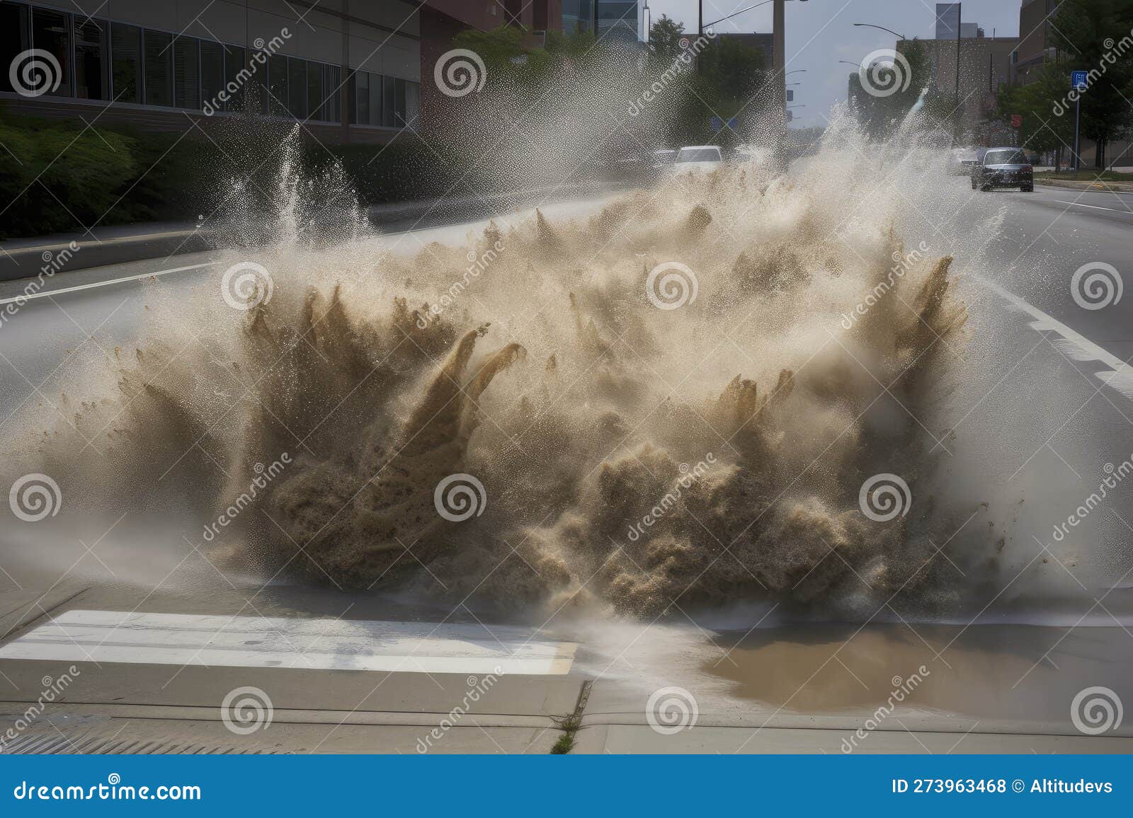 Sand Explosion Erupting from Storm Drain, with Water Rushing Past Stock ...