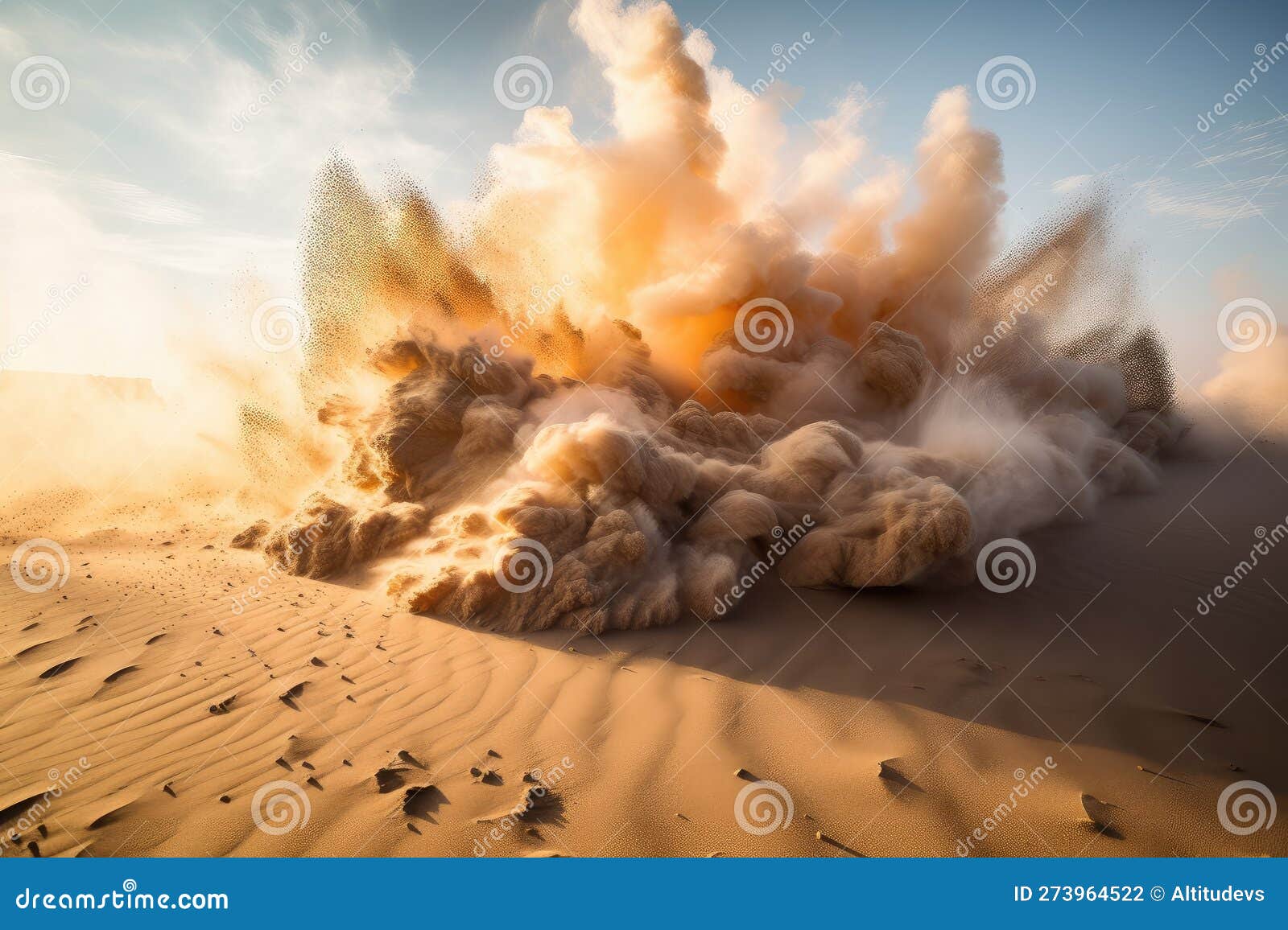 Sand Explosion in a Fiery Setting, with Flames and Smoke Visible Stock ...
