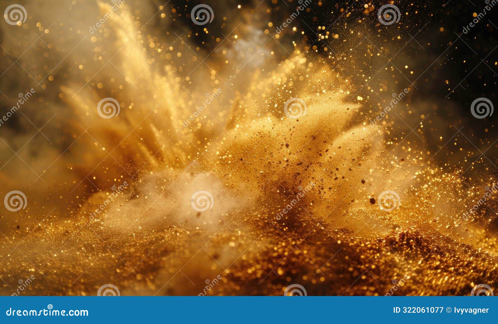 Sand Explosion, Golden Grains Dispersing on Black Background Stock ...
