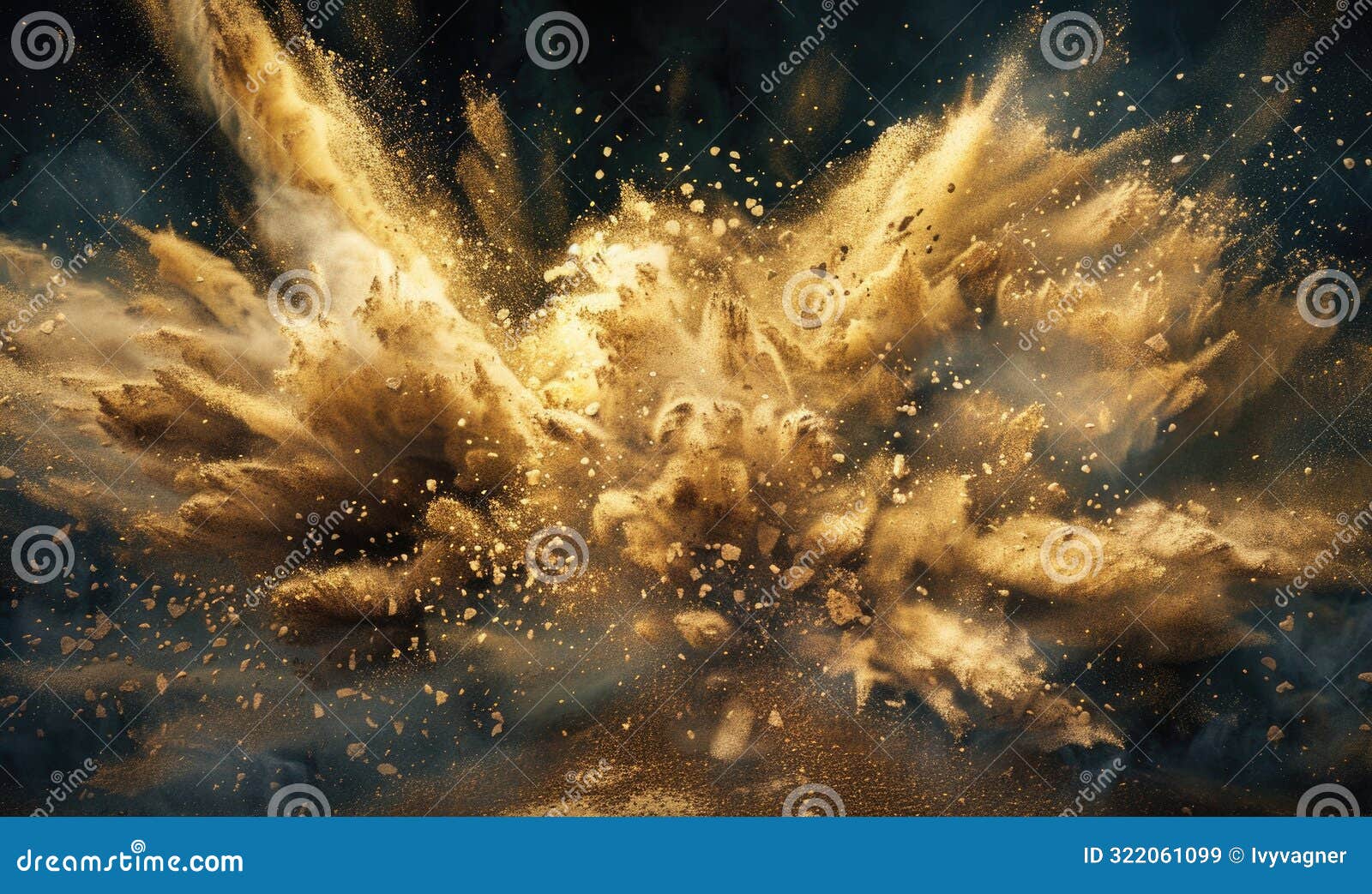 Sand Explosion, Golden Grains Dispersing on Black Background Stock ...