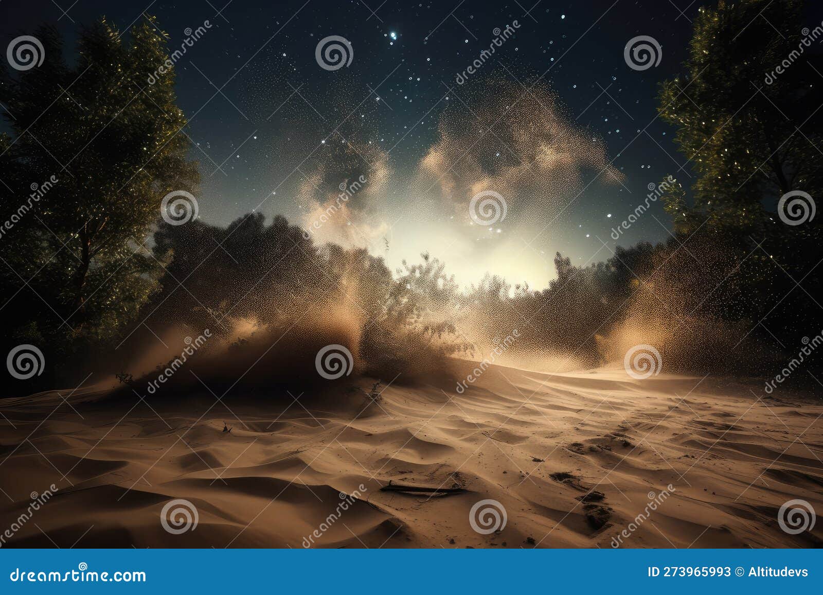 Sand Explosion in Magical Forest, with Twinkling Stars and Moon Above ...