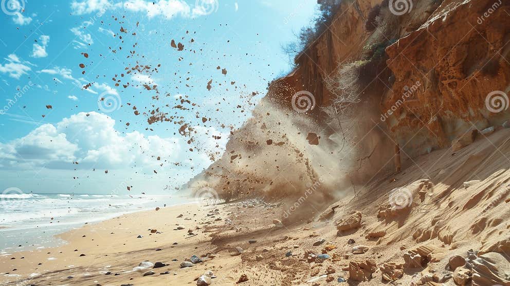 Sand Falling from a Cliffside Onto a Beach Below Generated by AI Stock ...