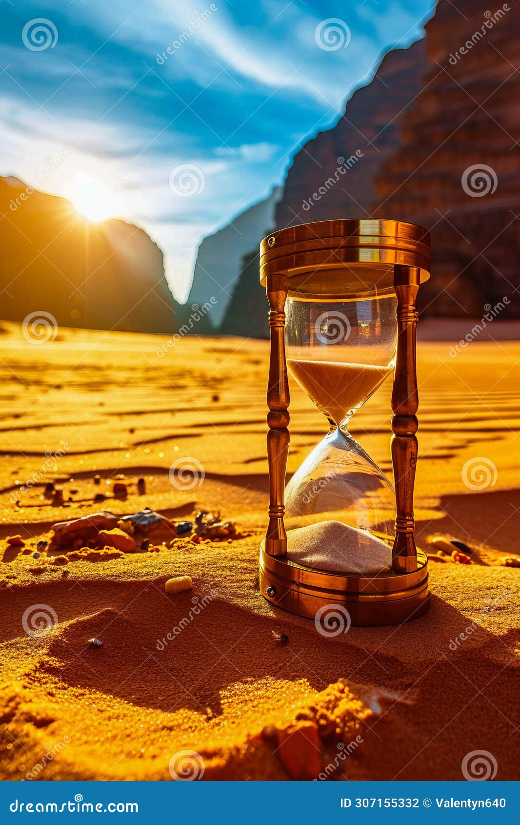 Sand Filled Beach with Large Golden Colored Glass Sand Timer Sitting on ...
