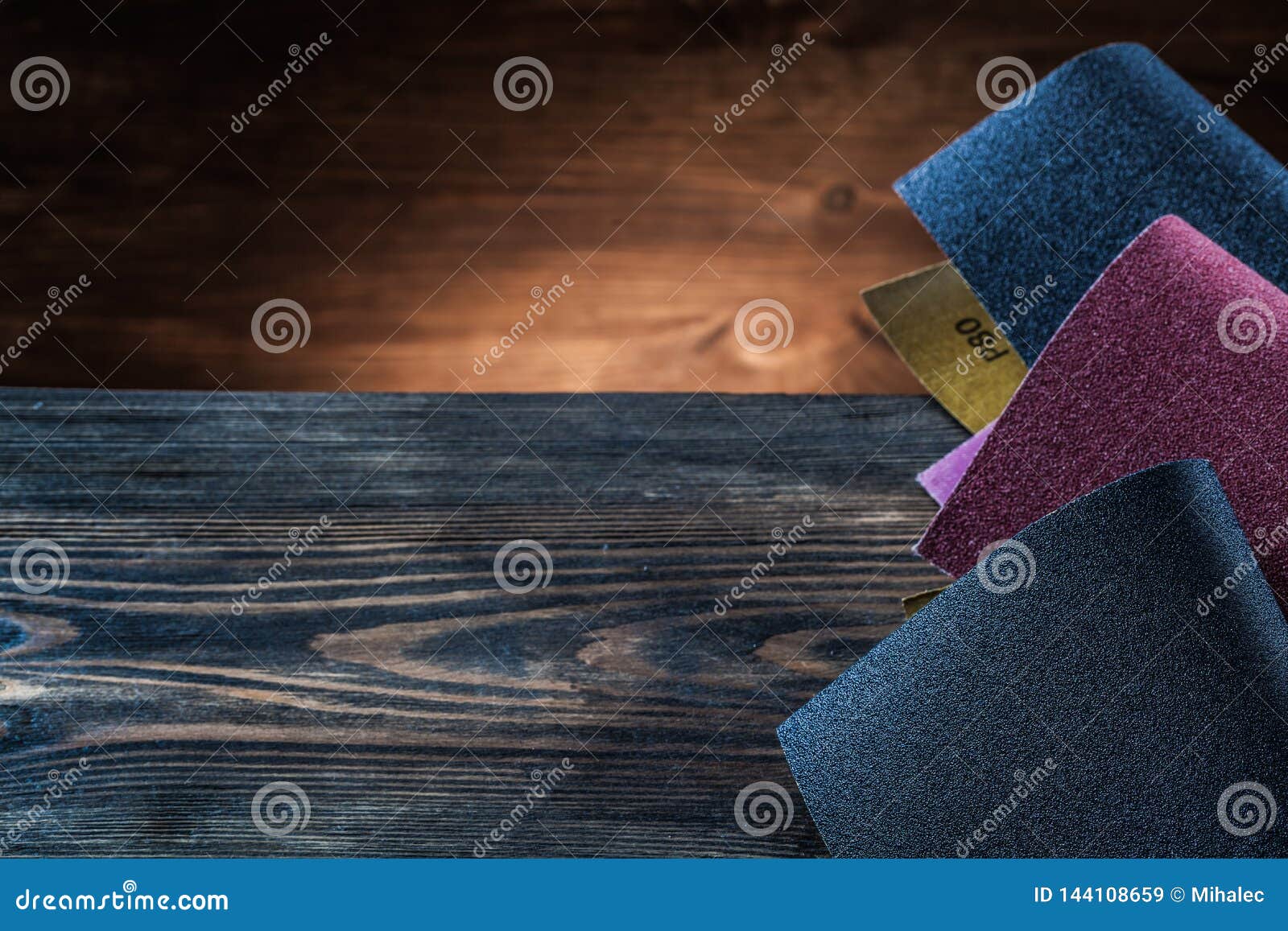 Sand Paper Sheets on Vintage Dark Wood Stock Image - Image of grinding ...