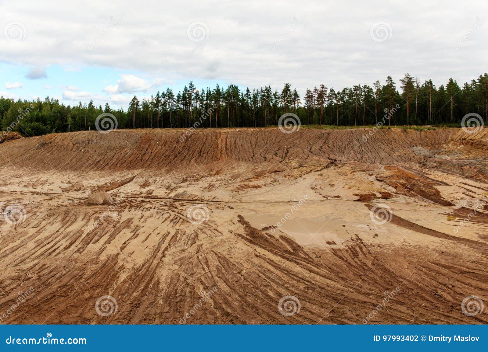 Sand pit in a pine forest stock photo. Image of construction - 97993402