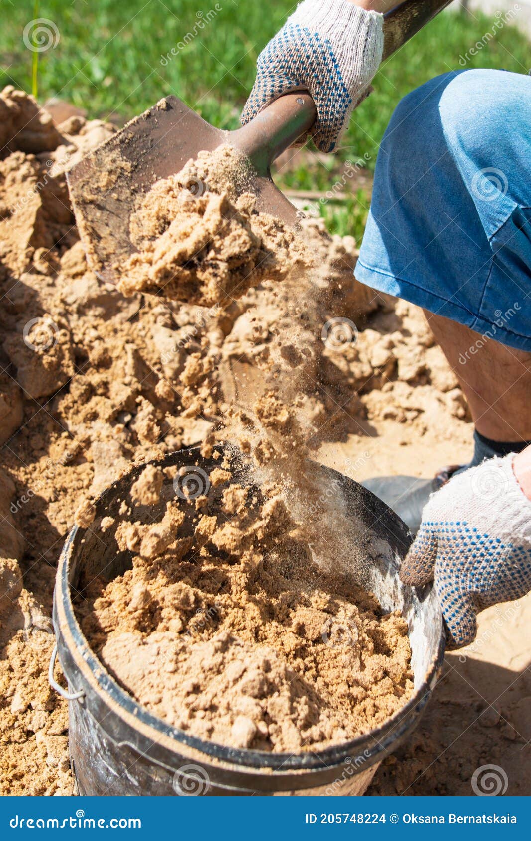 Sand shoveling in a bucket stock photo. Image of shovel - 205748224