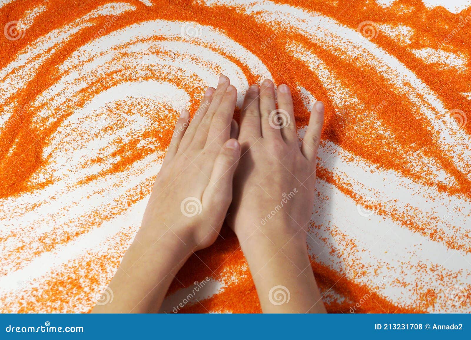 Sand Therapy Session, Child`s Hands Touch Orange Sand Stock Photo ...