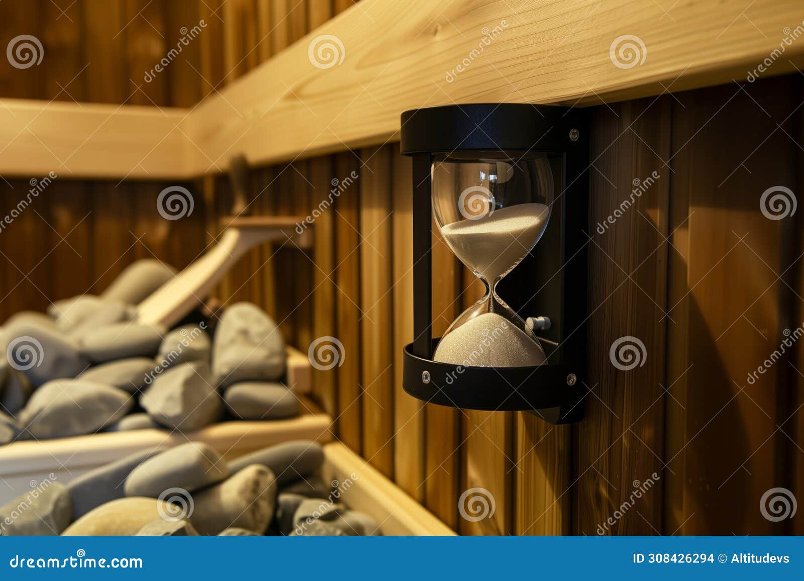 Sand Timer Mounted on a Sauna Wall Next To Stones Stock Photo - Image ...