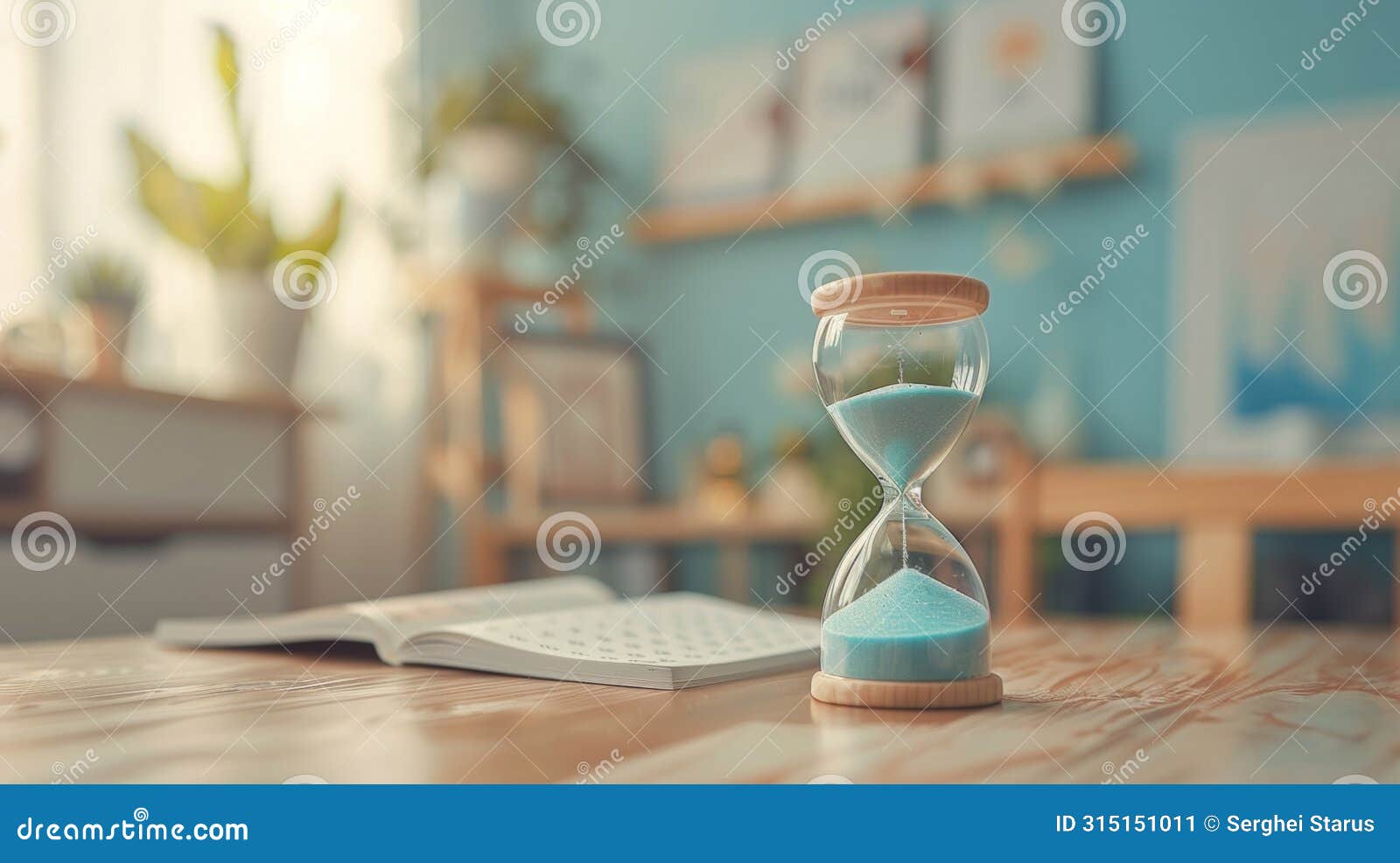 A Sand Timer on a Table Next To an Open Book, AI Stock Image - Image of ...