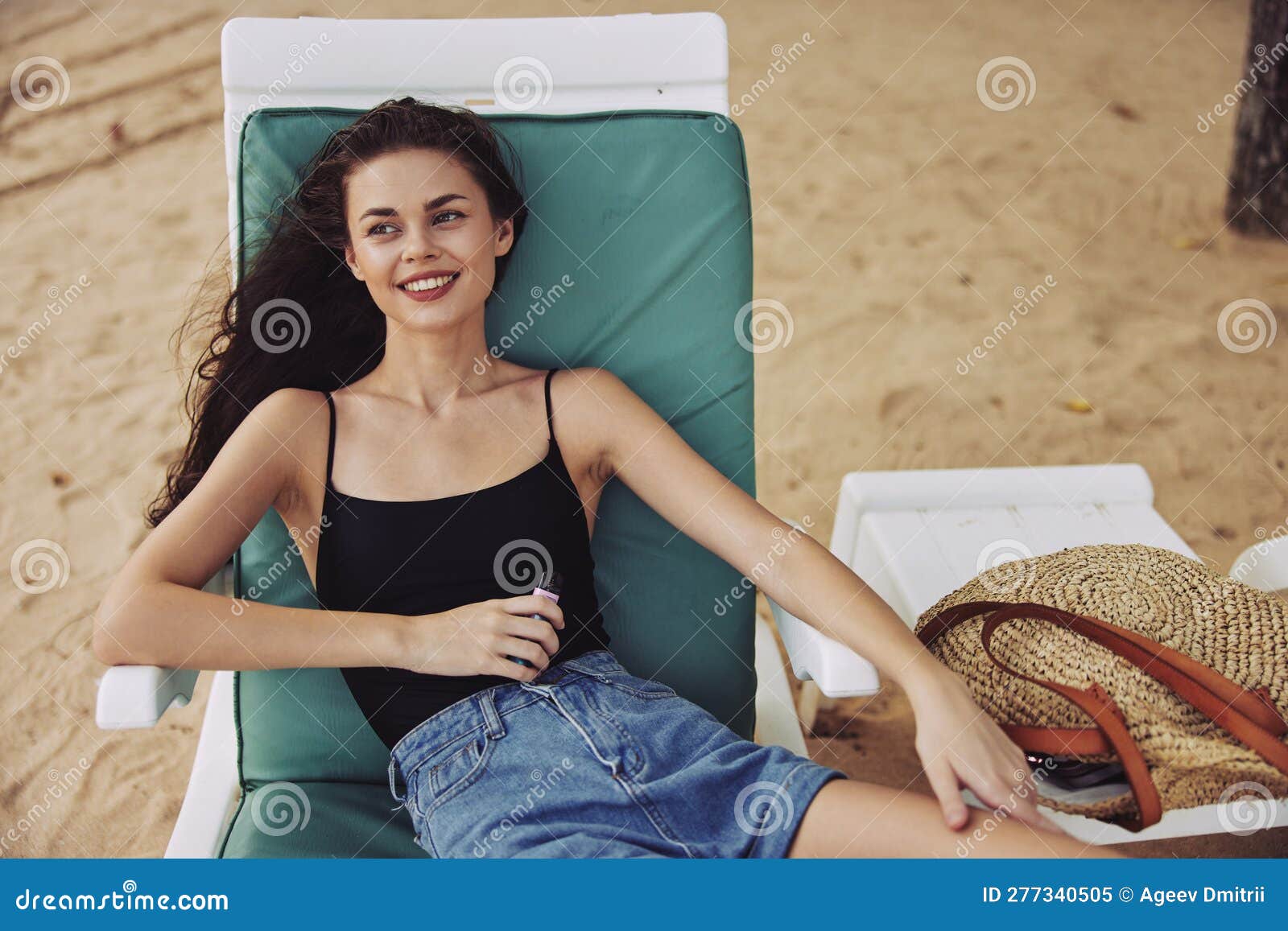 Sand Woman Smiling Exotic Sunbed Lifestyle Resort Lying Ocean Sea Beach