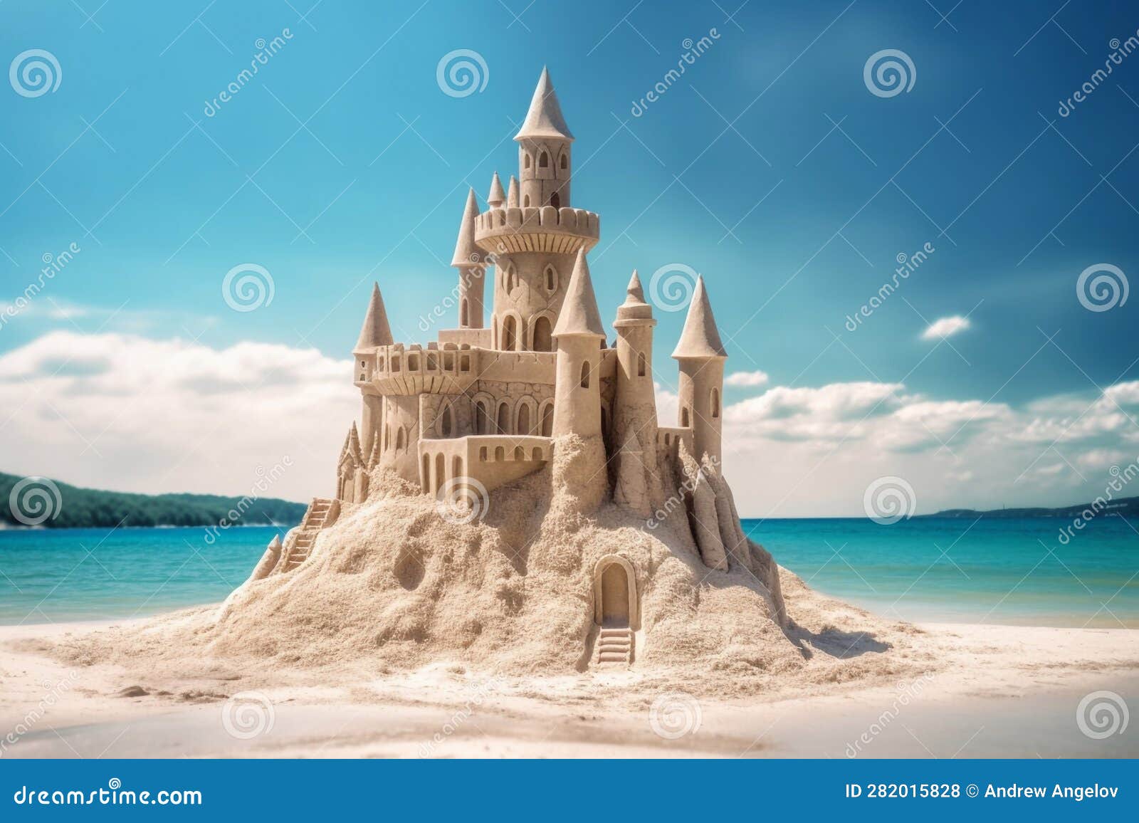 Sandcastle Beach on Bright Sky. 3d Rendering Generative AI Stock ...