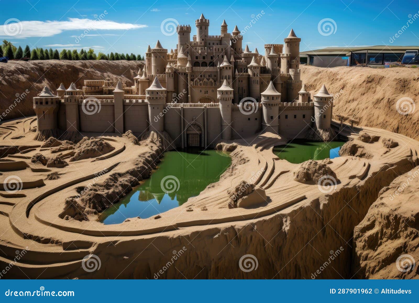 Sandcastle Surrounded by a Detailed Moat System Stock Illustration ...