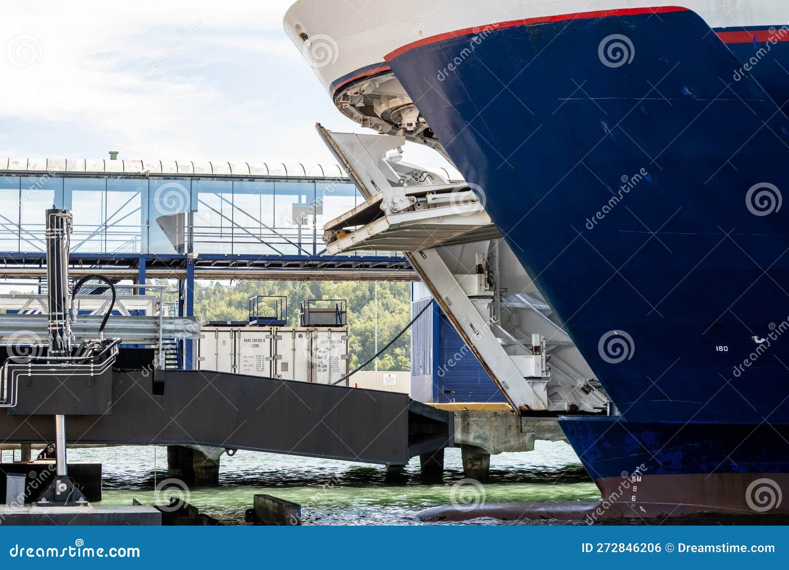 Car Ferry Folding Out the Front Loading Ramp through Th Bow Hatch ...