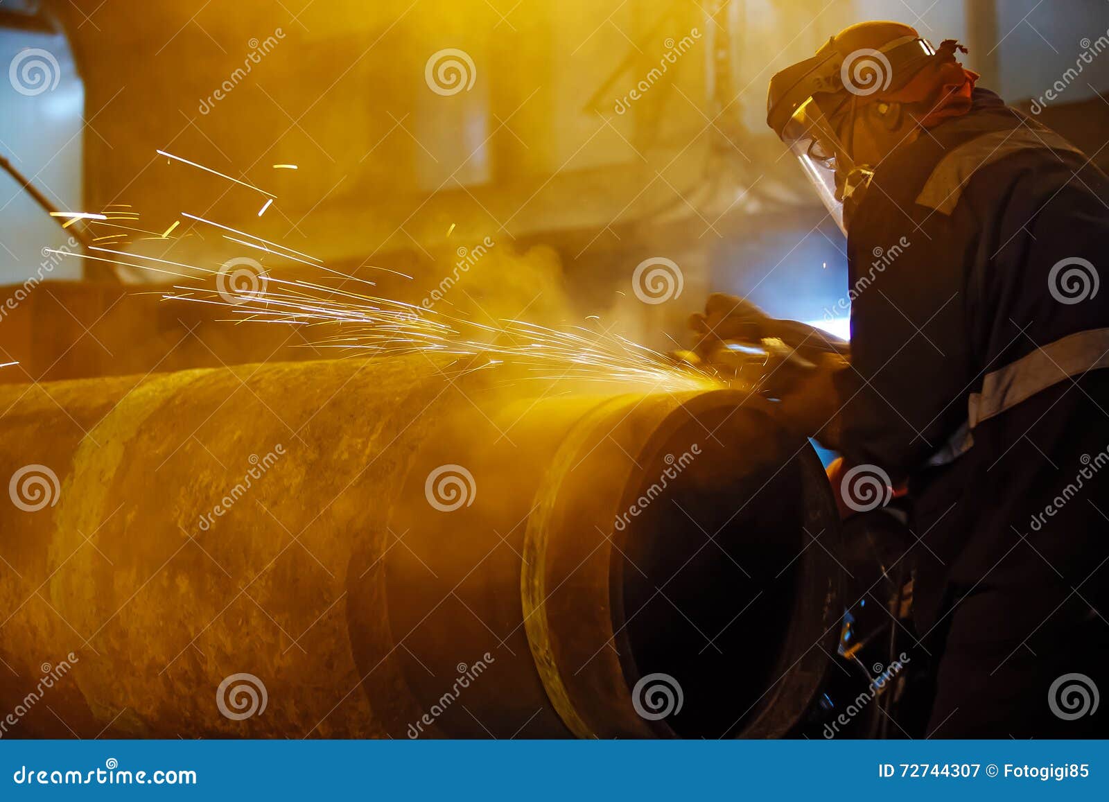 Sanding Pipeline Connection. Preparation of Metal for Welding Stock ...