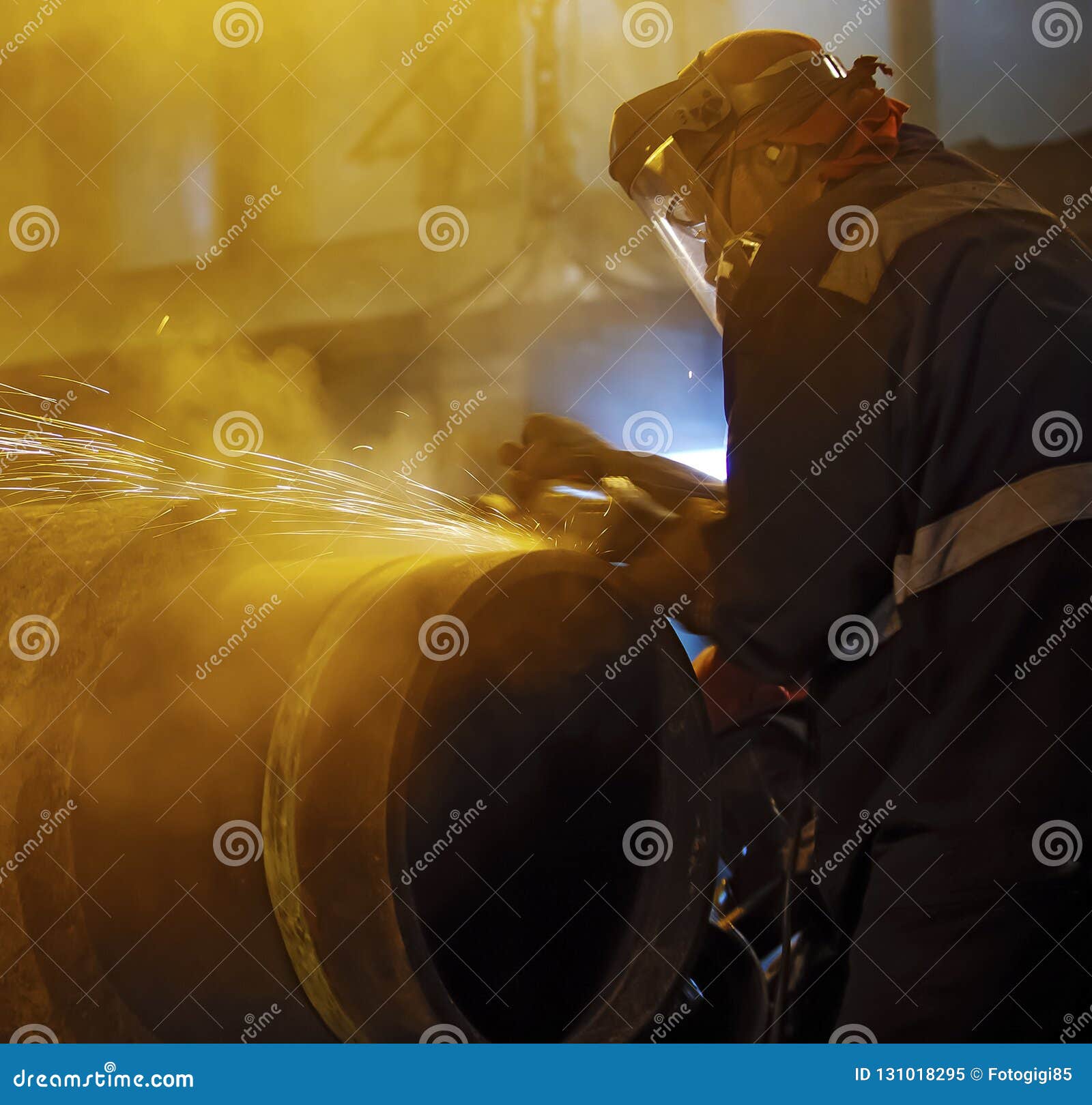Sanding Pipeline Connection. Preparation of Metal for Weldi Stock Image ...