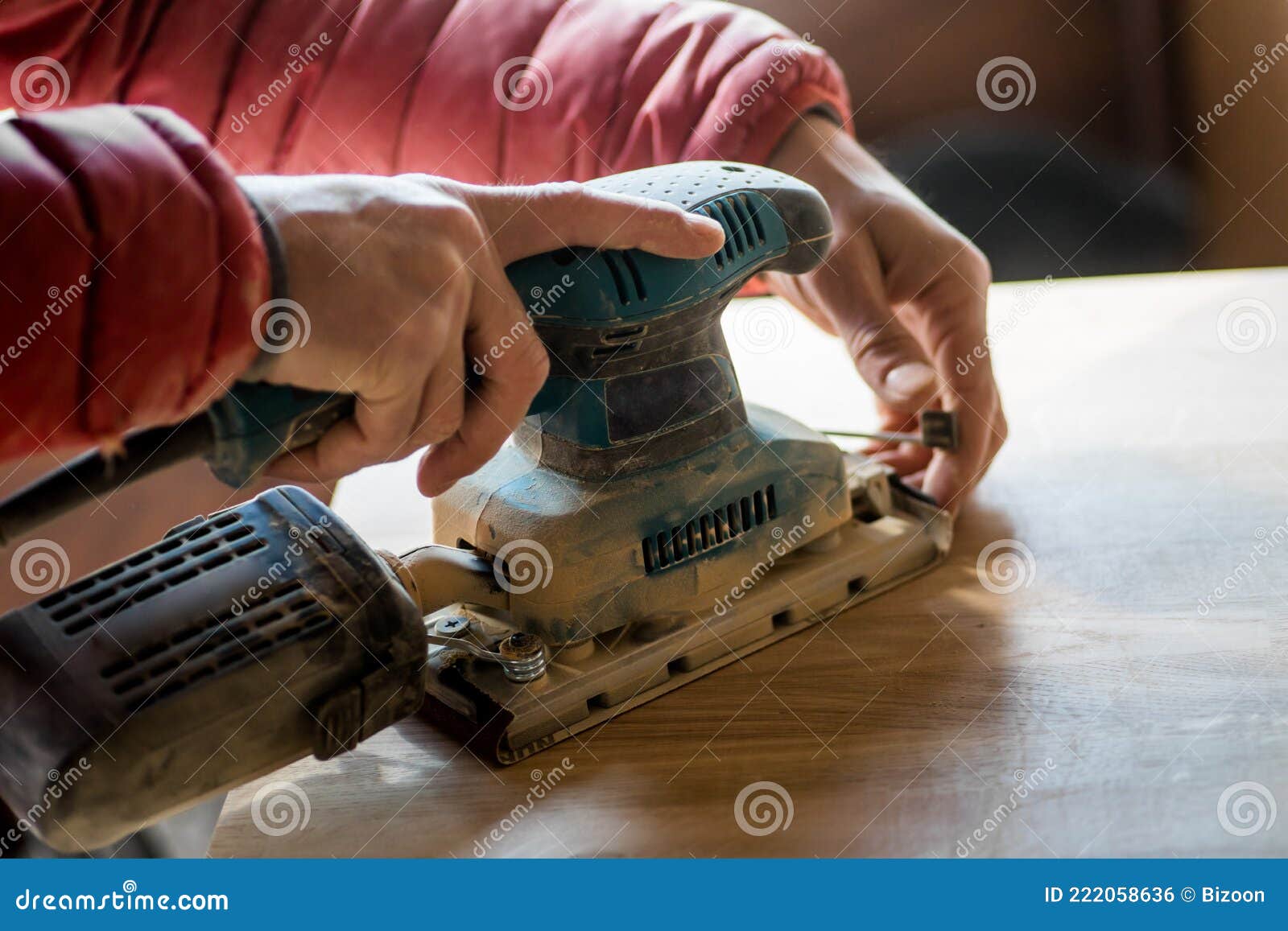 Sanding Wood Plank Using Electric Sand Machine Stock Photo - Image of ...