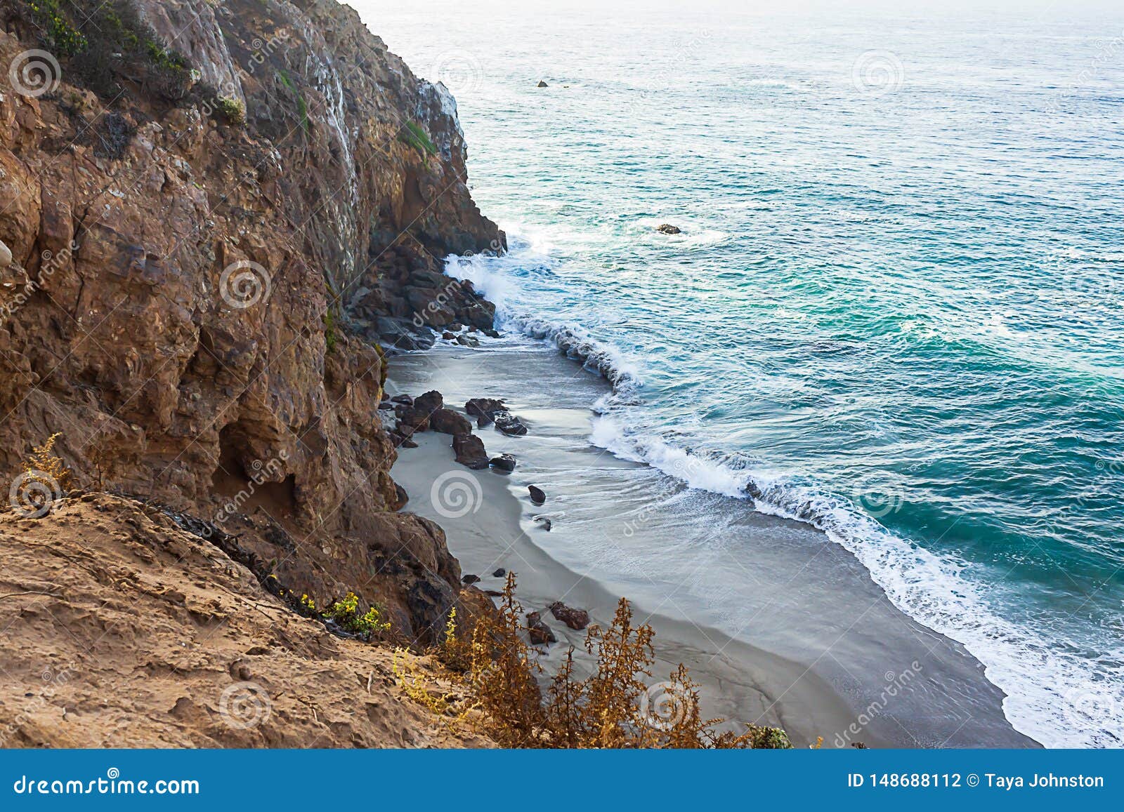 Sandstone Path Overlooking Cliff Side, Pacfic Ocean Waves On A Sandy ...