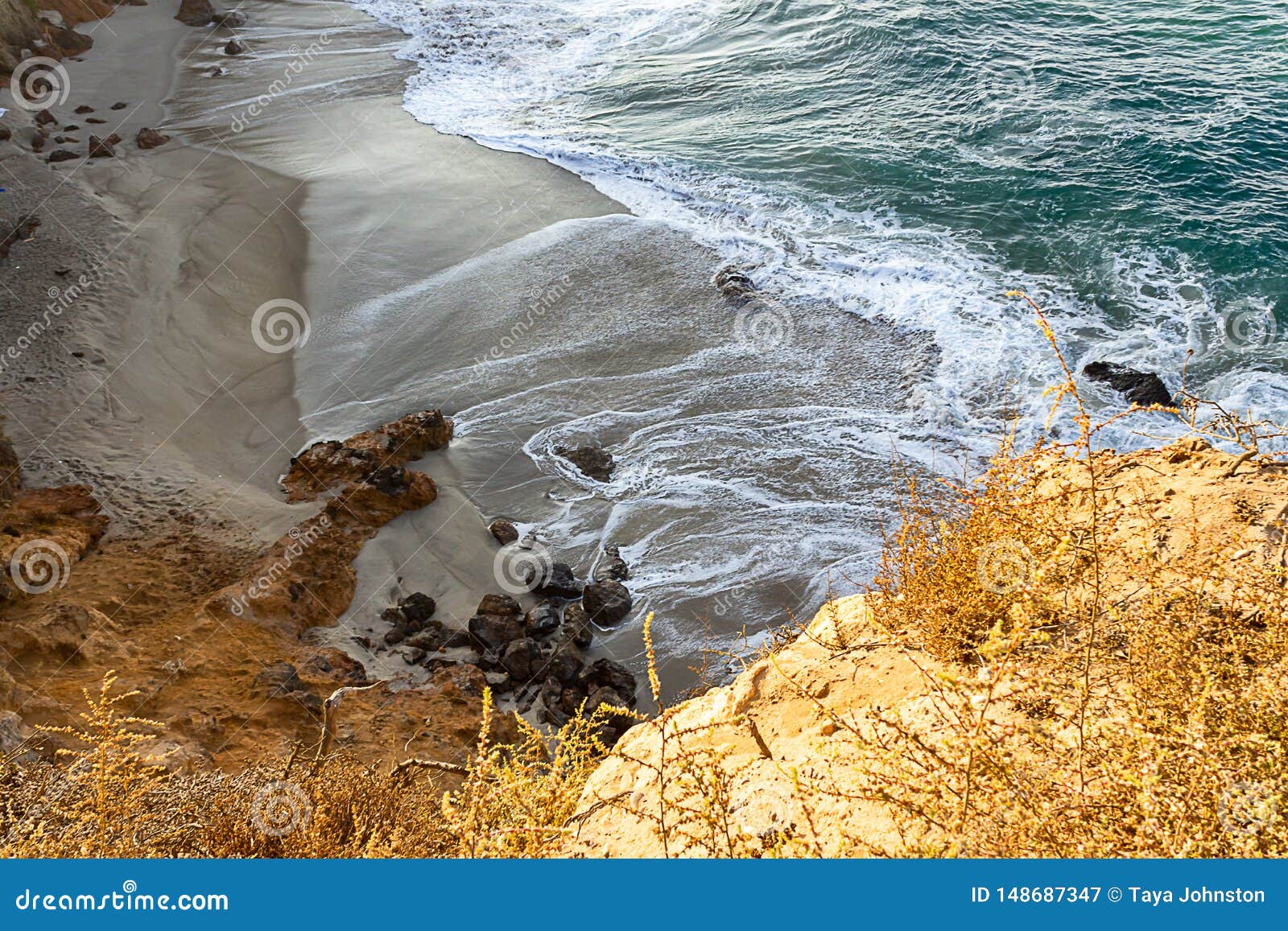 Sandstone Path Overlooking Cliff Side, Pacfic Ocean Waves on a Sandy ...