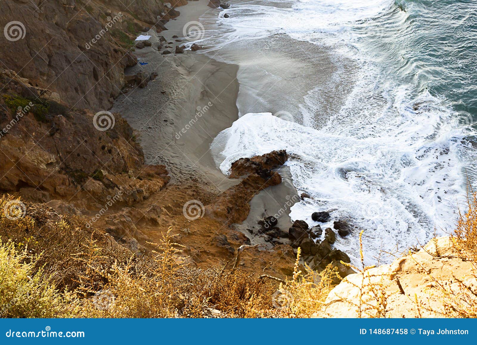 Sandstone Path Overlooking Cliff Side, Pacfic Ocean Waves on a Sandy ...