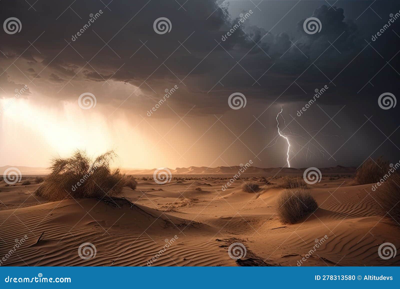 Sandstorm in the Desert, with Dramatic Lightning and Thunder Stock ...