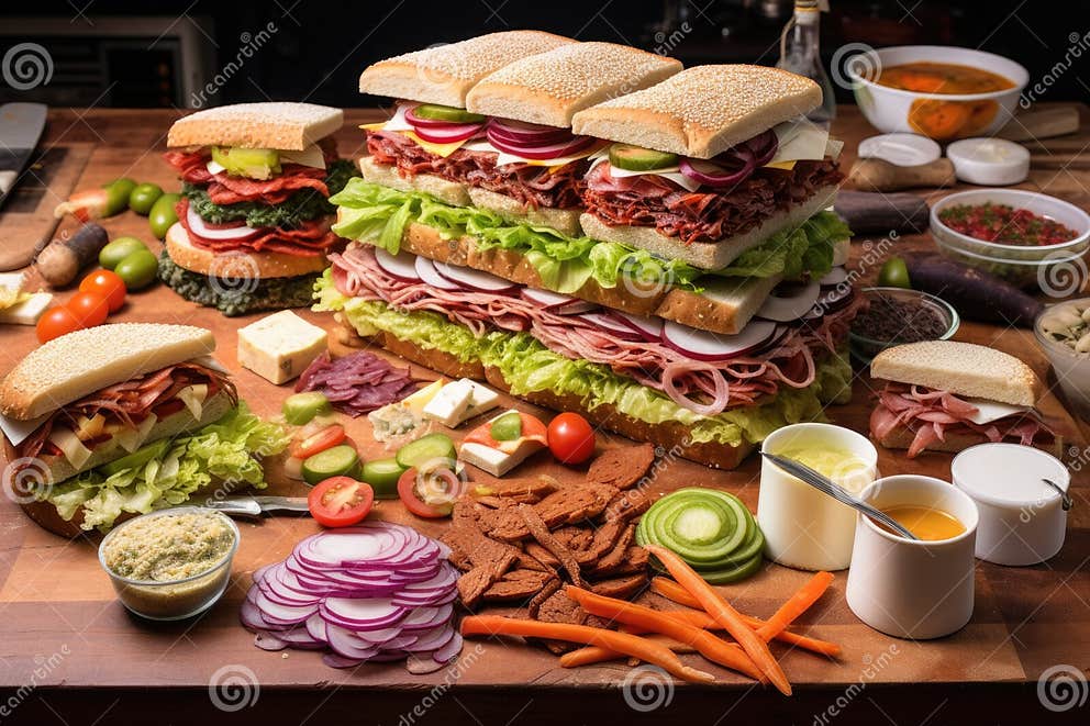 Sandwich Assembly Process with Various Ingredients Stock Photo - Image ...