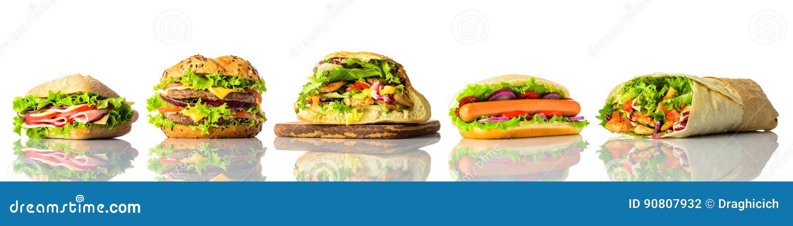 Sandwich and Burger Collage on White Background Stock Photo - Image of ...