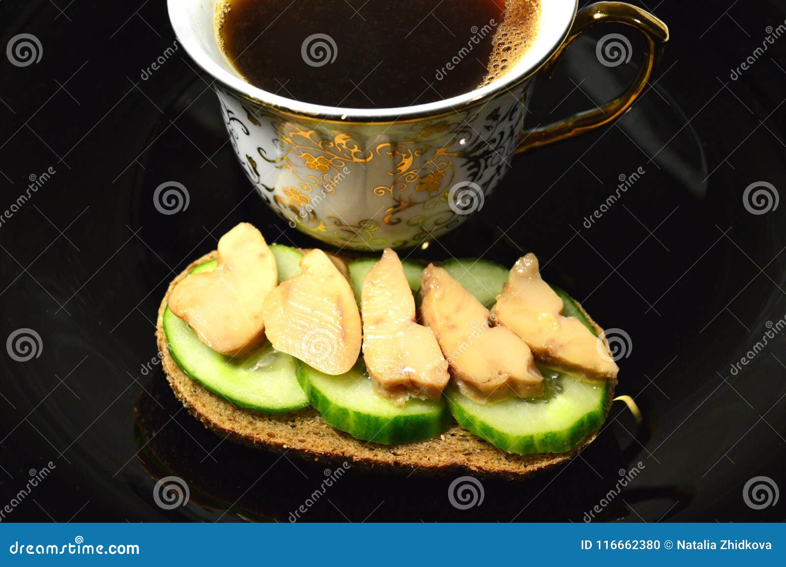 Cup of Coffee and Sandwich with Cod Liver Stock Photo - Image of ...