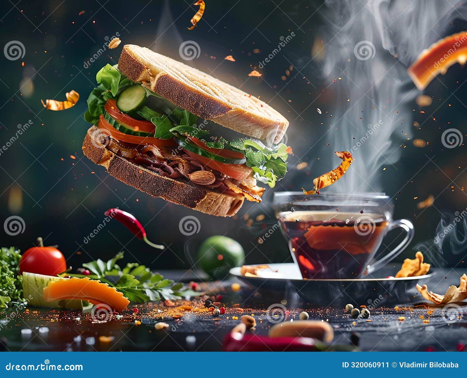Sandwich Falling into Cup of Tea Stock Illustration - Illustration of ...