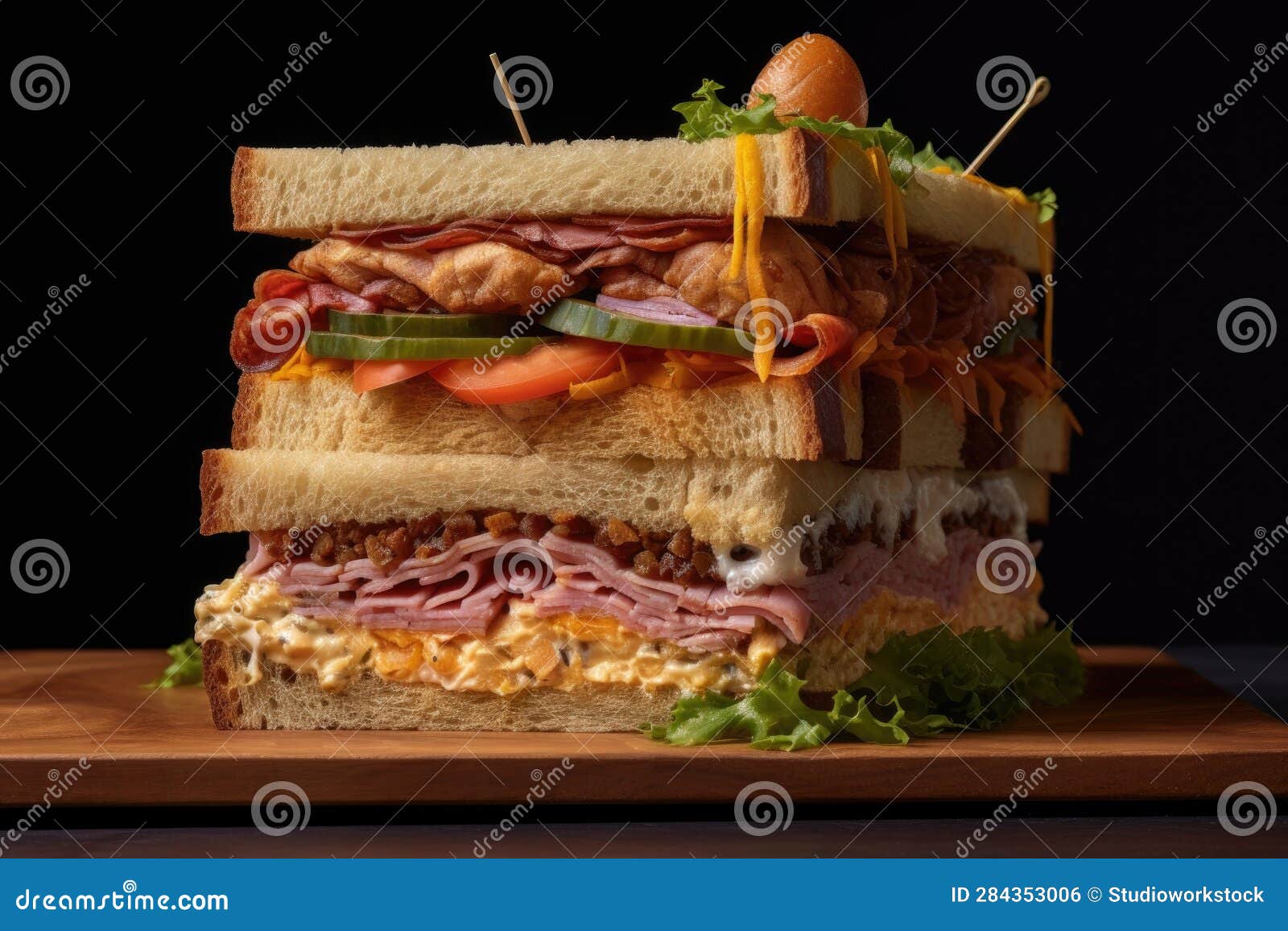 Sandwich with Overflowing Fillings on a Board Stock Photo - Image of ...