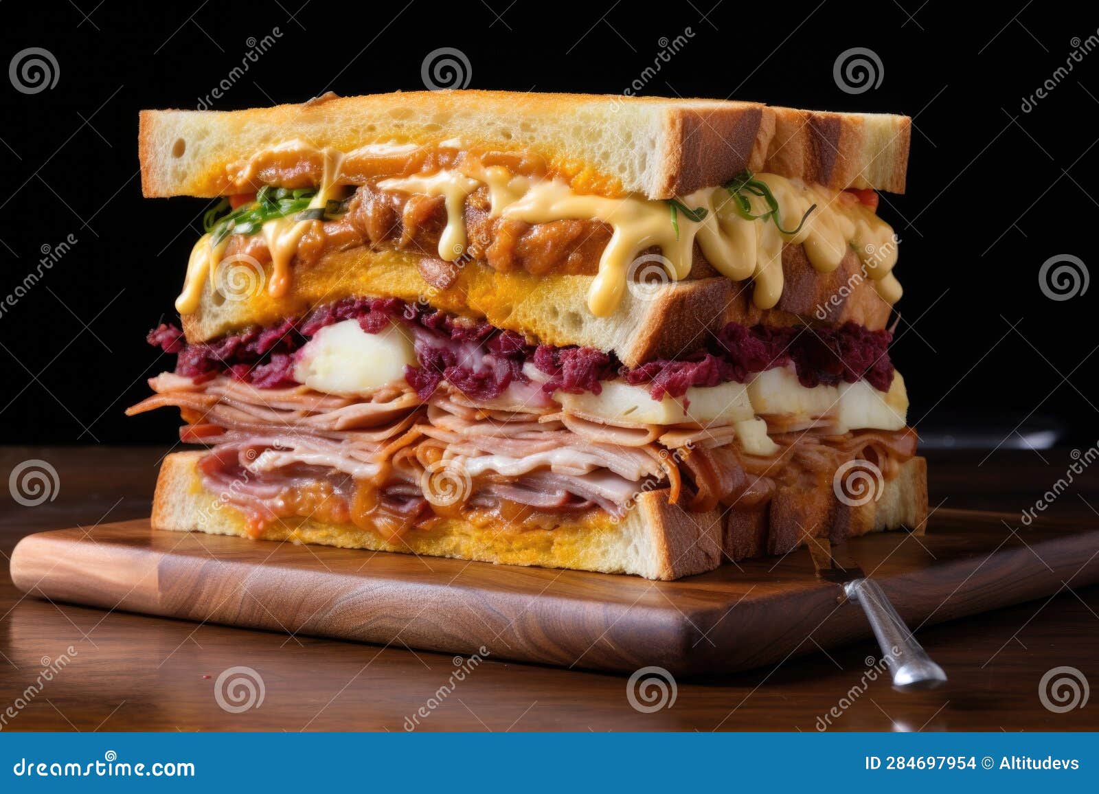 Sandwich with Overflowing Fillings on a Board Stock Illustration ...