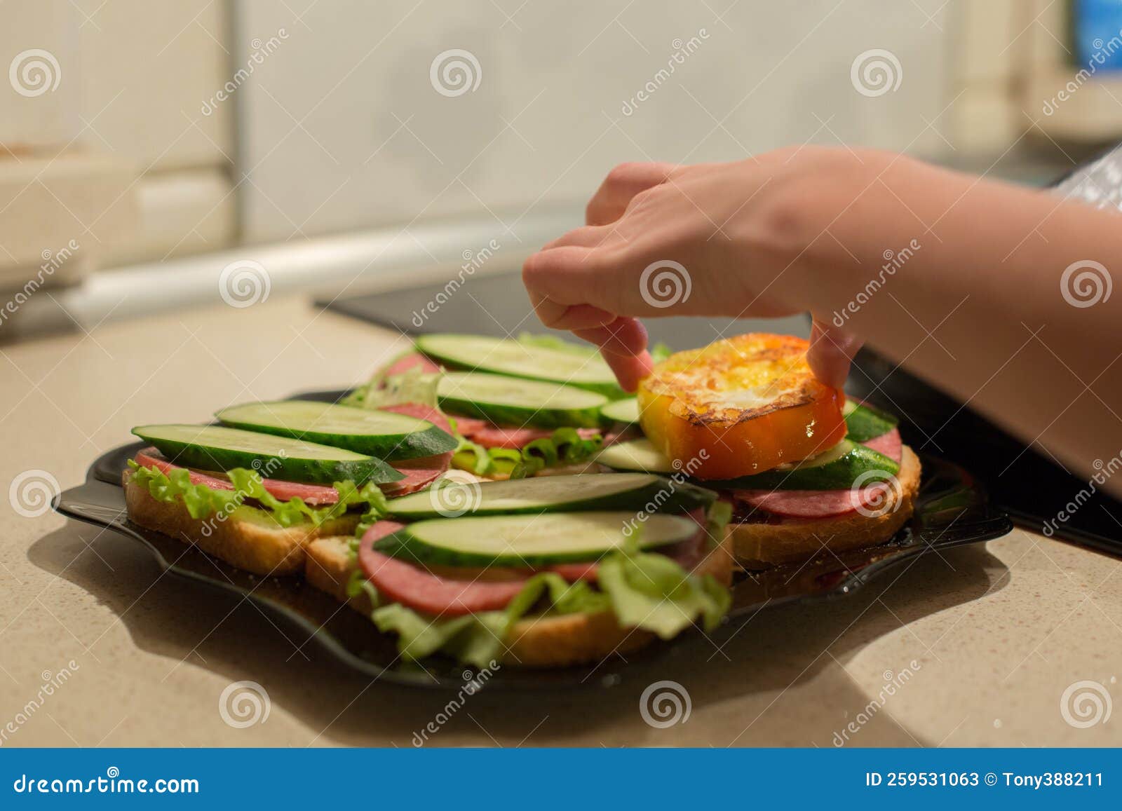 Sandwich Preparation in the Middle of Process Stock Image - Image of ...