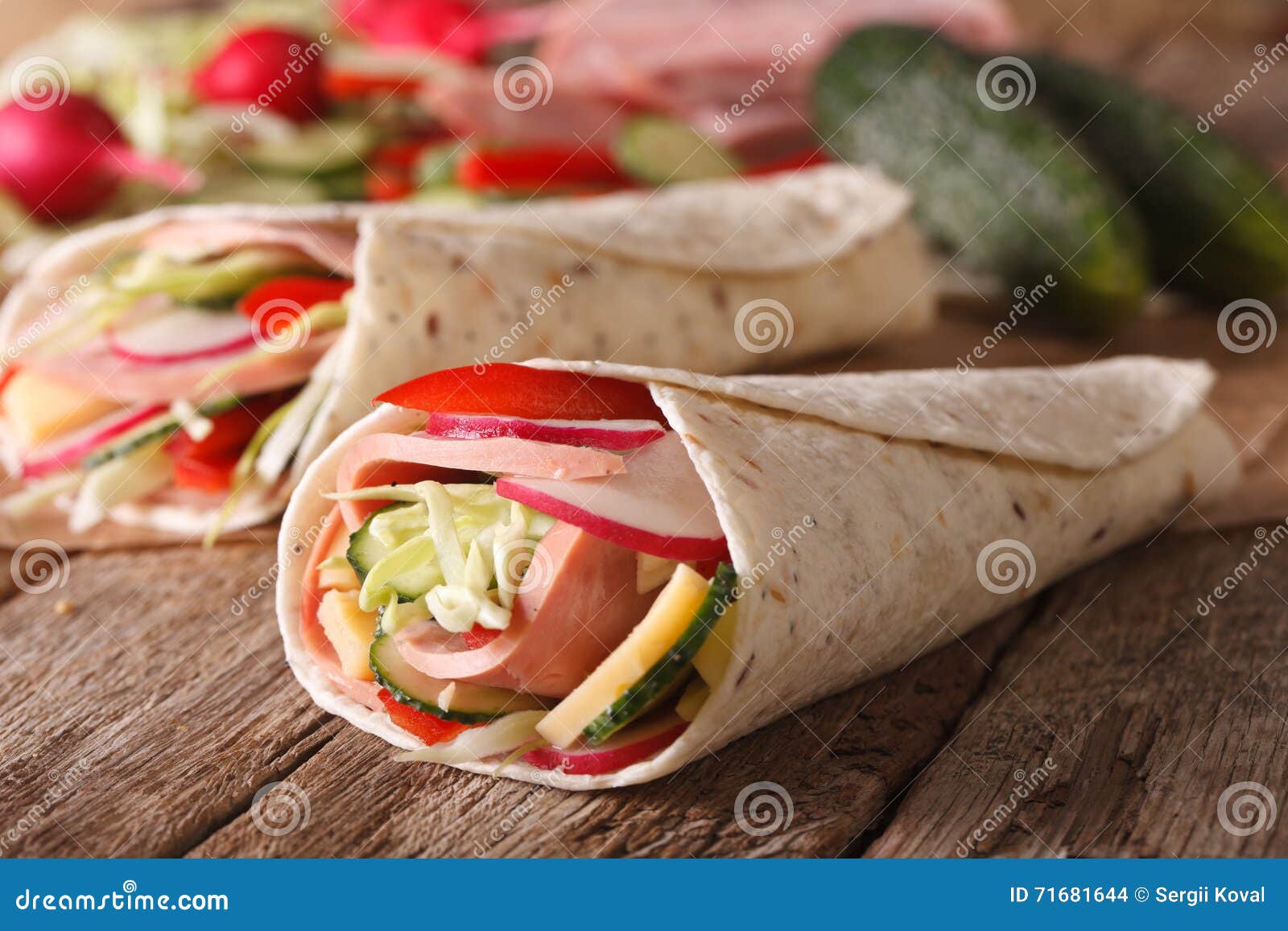 Sandwich Roll with Ham and Fresh Vegetables Macro. Horizontal Stock ...