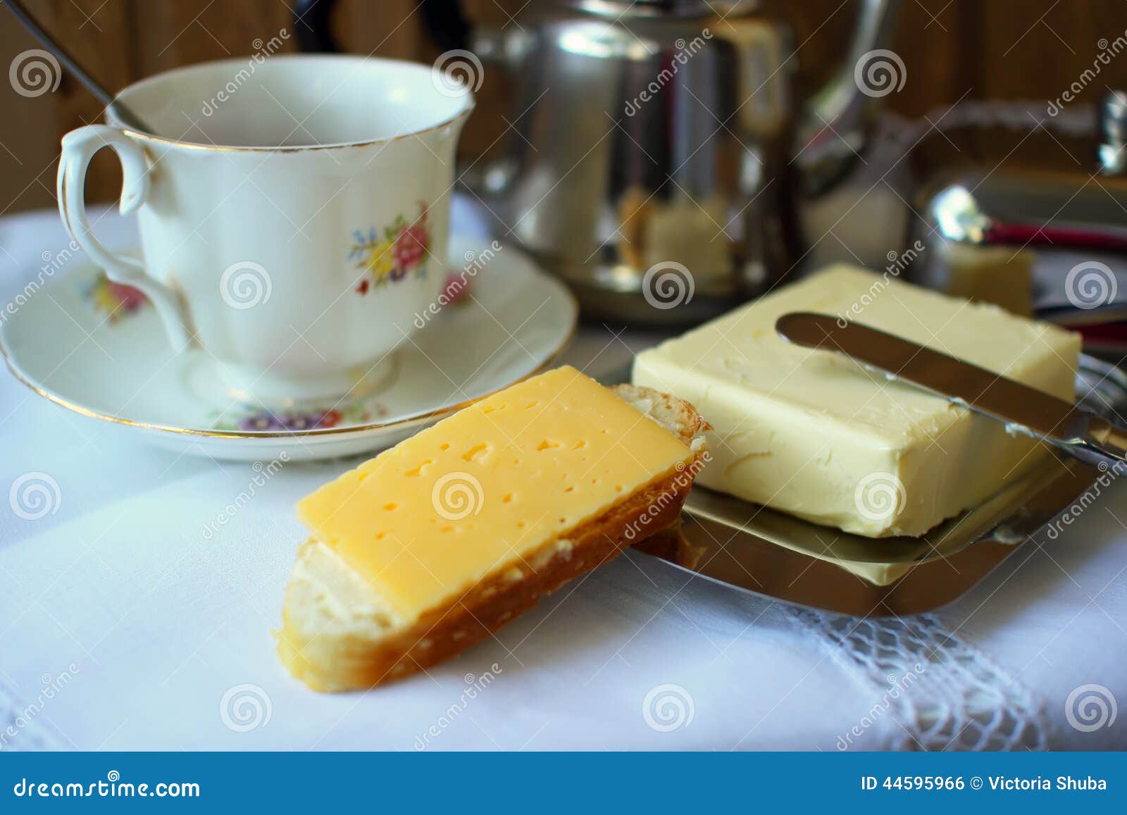 Sandwich with a Slice of Cheese and a Cup of Tea Stock Photo - Image of ...