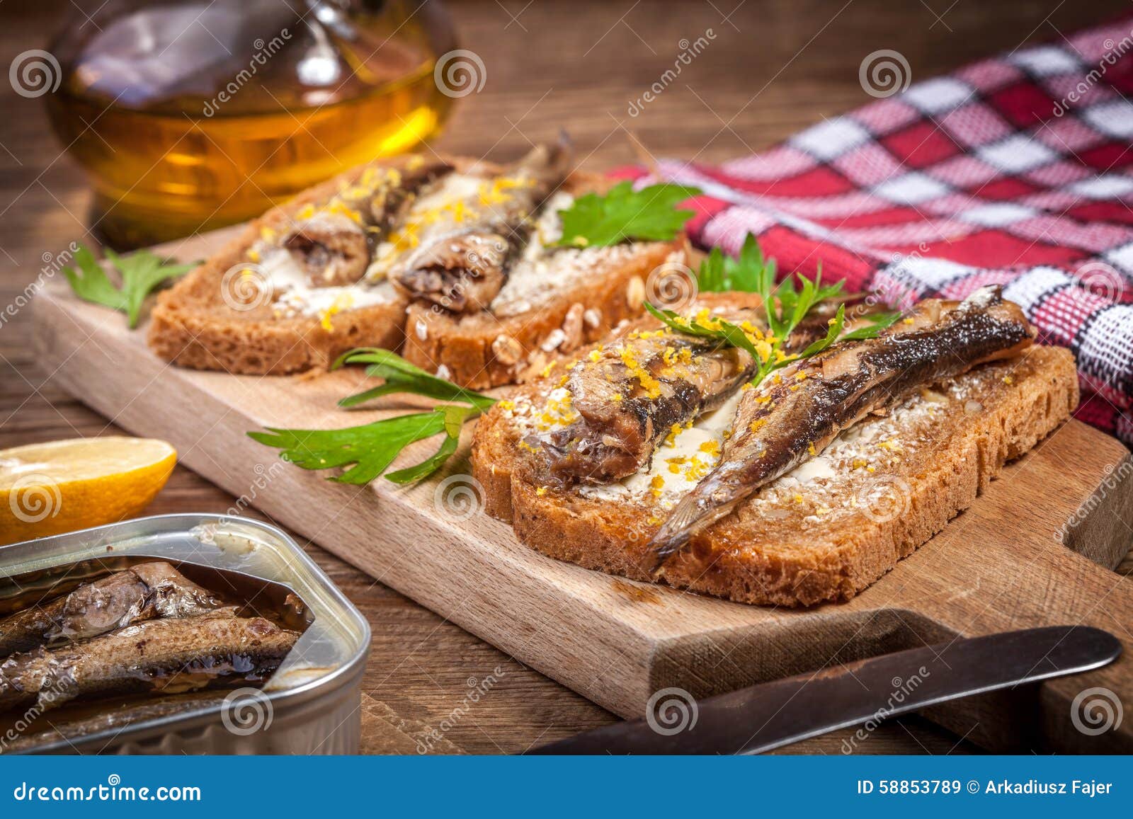 Sandwich with sprats. stock image. Image of cutting, wooden - 58853789