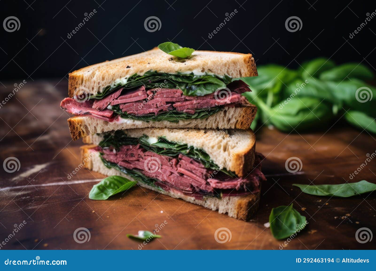 A Sandwich Surrounded by Scattered Basil Leaves Stock Photo - Image of ...
