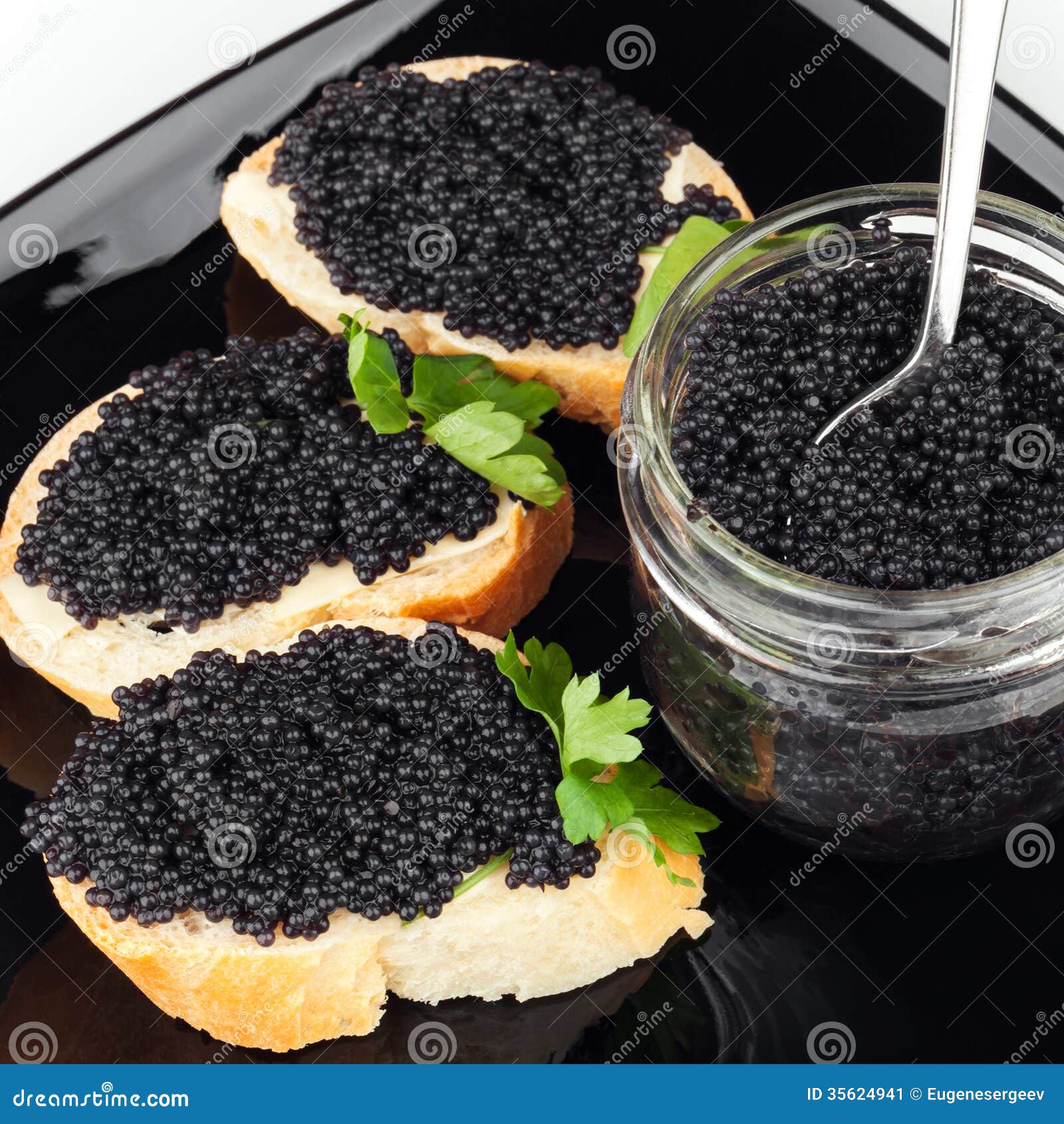 Sandwiches With Black Caviar On Plate Stock Image - Image of parsley ...