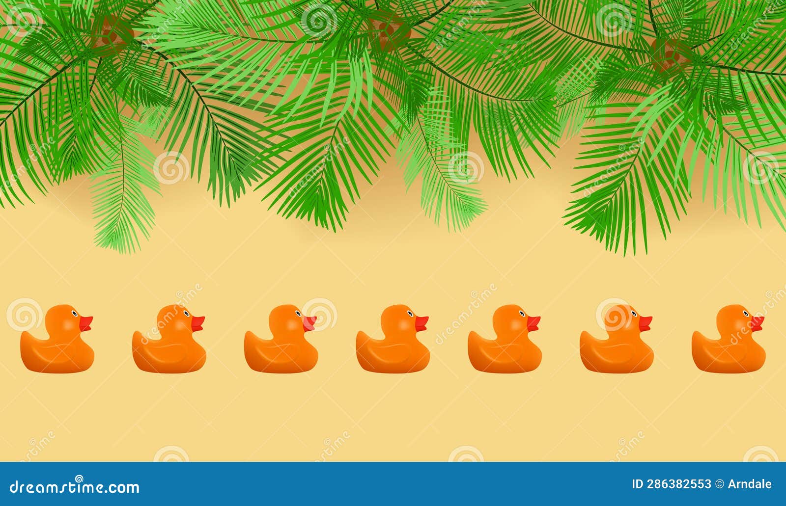 Sandy Beach Background with Palm Trees and Yellow Rubber Ducks Stock ...
