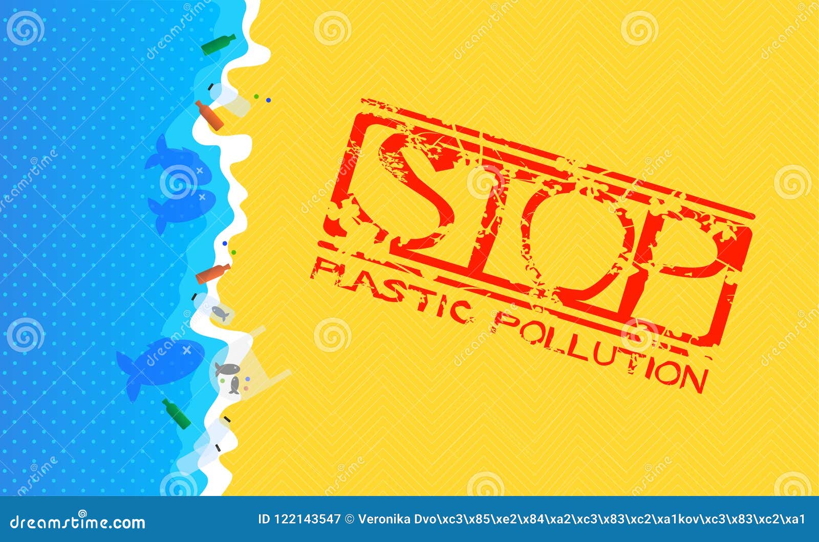Sandy Beach with Flooded Plastic Waste. Grunge Stamp with Text: Stop ...
