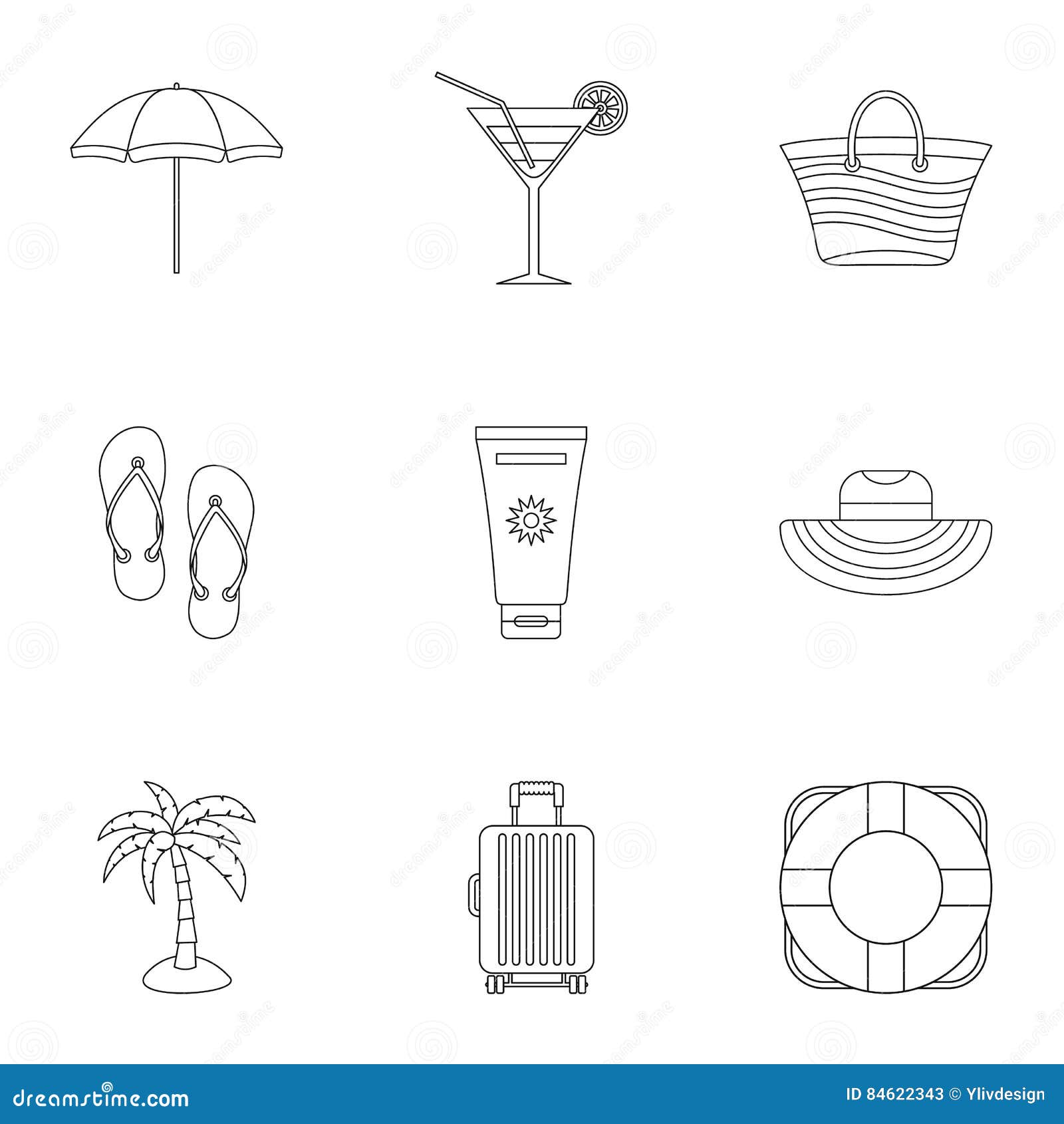 Sandy Beach Icons Set, Outline Style Stock Vector - Illustration of ...