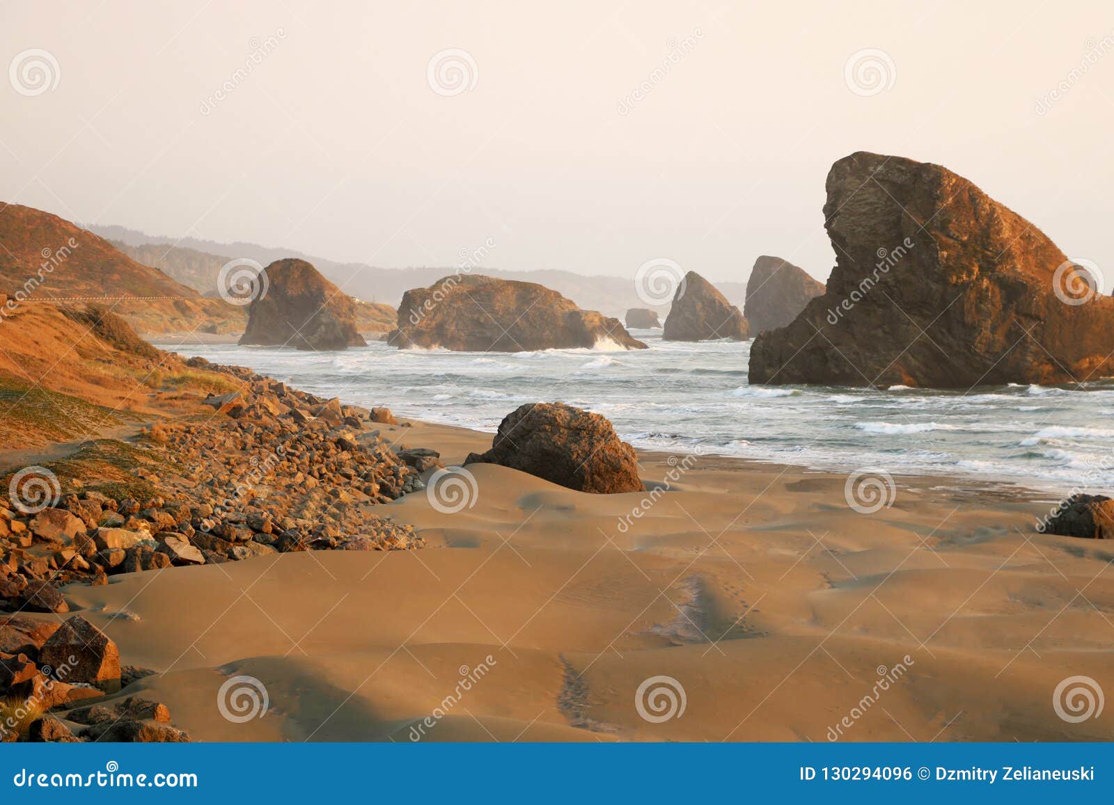 Sandy Beach of the Pacific Coast with Rocks Stock Photo - Image of ...