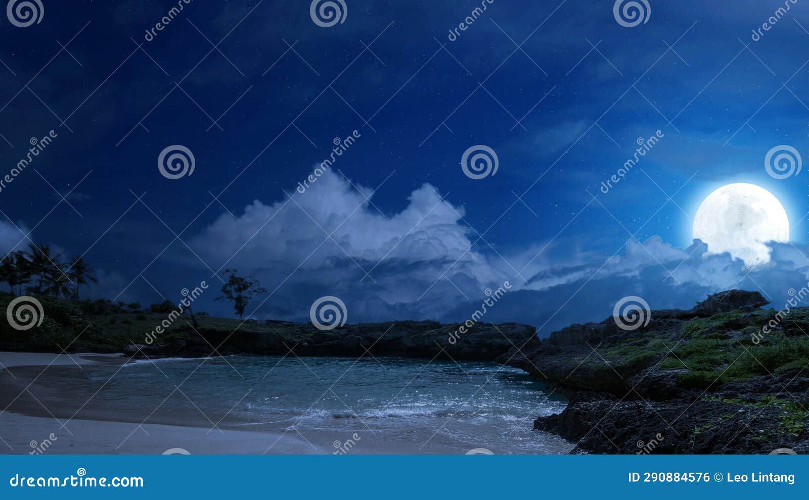 Sandy Beach with Rocks with Sea Waves and a Full Moon Stock Photo ...