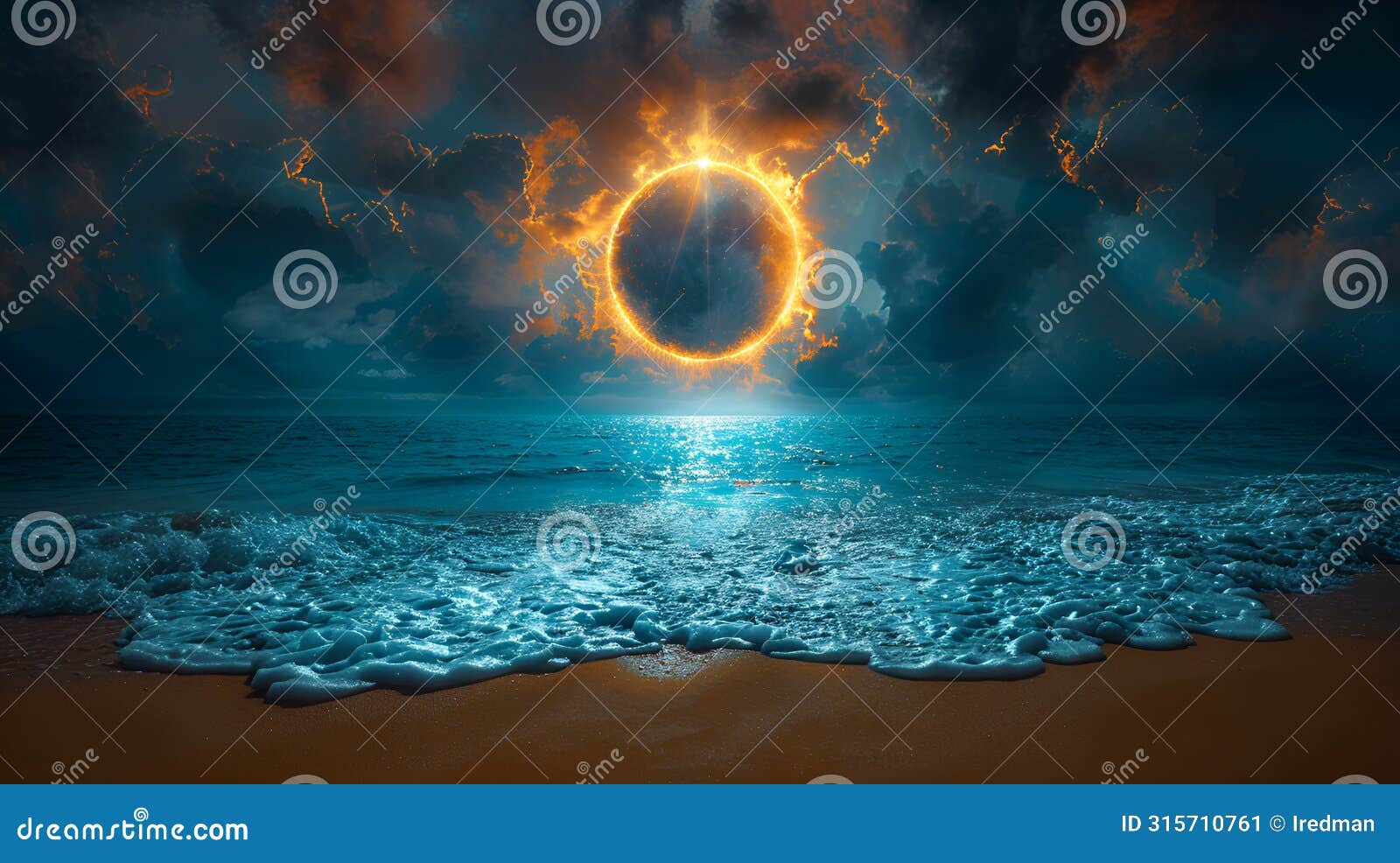 Sandy Beach with Sea Foam during a Solar Eclipse Stock Illustration ...