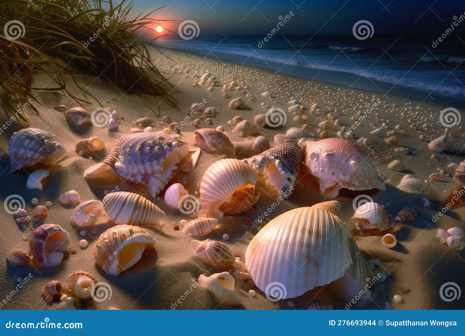 A Sandy Beach with Shells, Pearls and Tiny Glowing Crystals. from ...