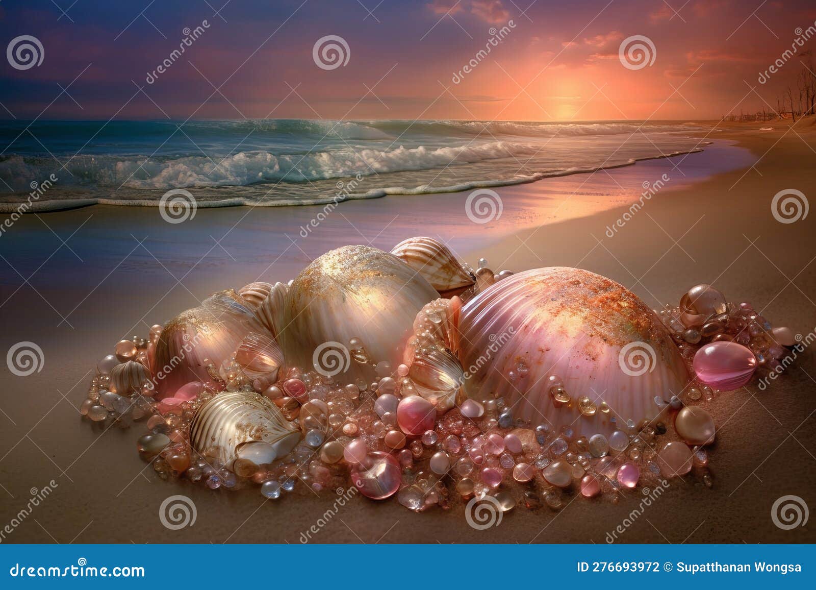 A Sandy Beach with Shells, Pearls and Tiny Glowing Crystals. from ...