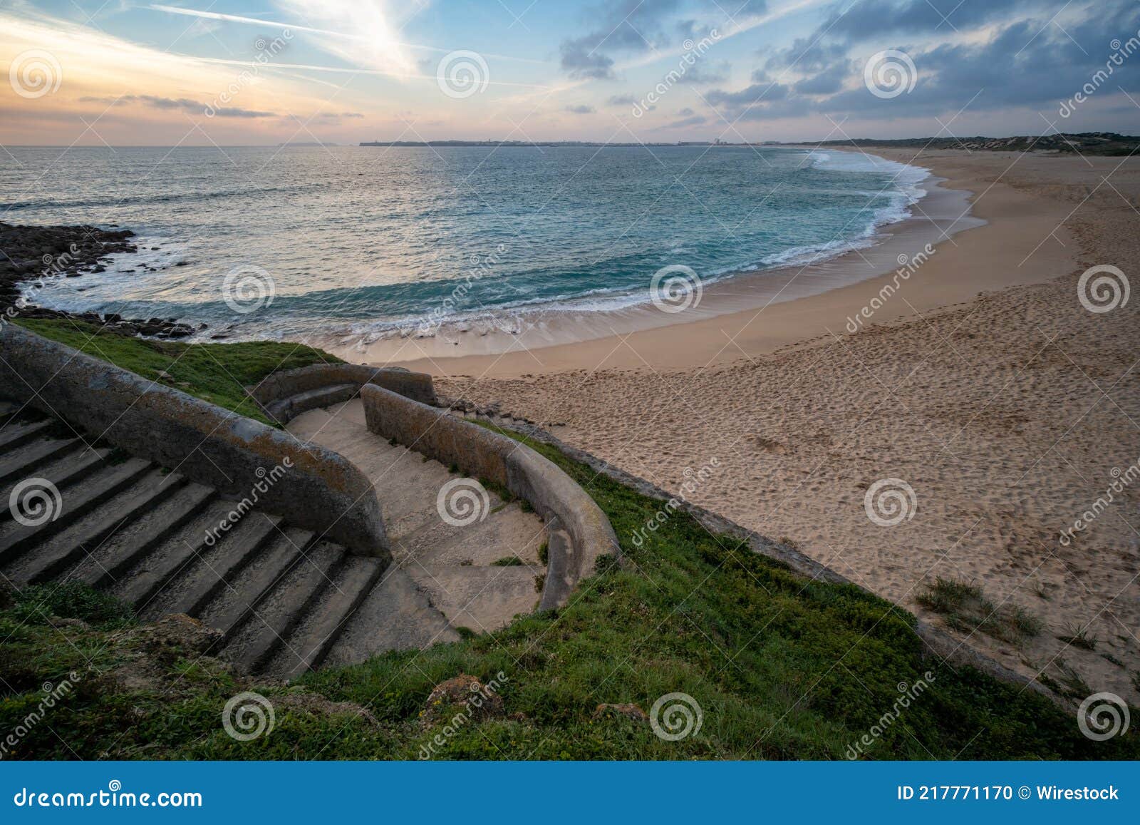 Sandy Beach with Stone Stairs at Sunrise Stock Photo - Image of sand ...