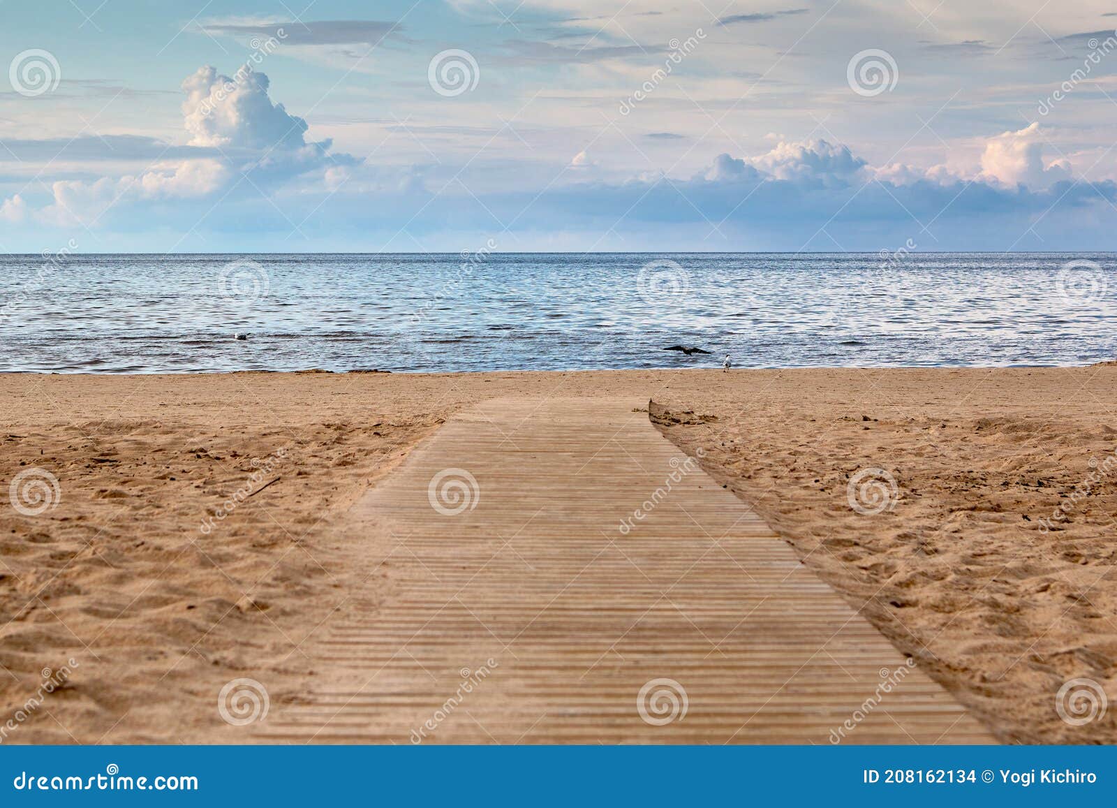 Sandy Beach on Sunny Day with Wooden Walkway Stock Photo - Image of ...