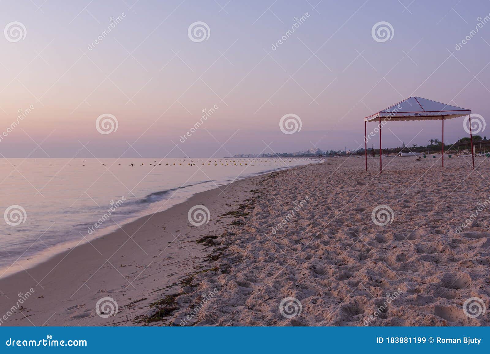 Sandy Beach at Sunrise with View of Sea and Beautiful Blue Stock Image ...
