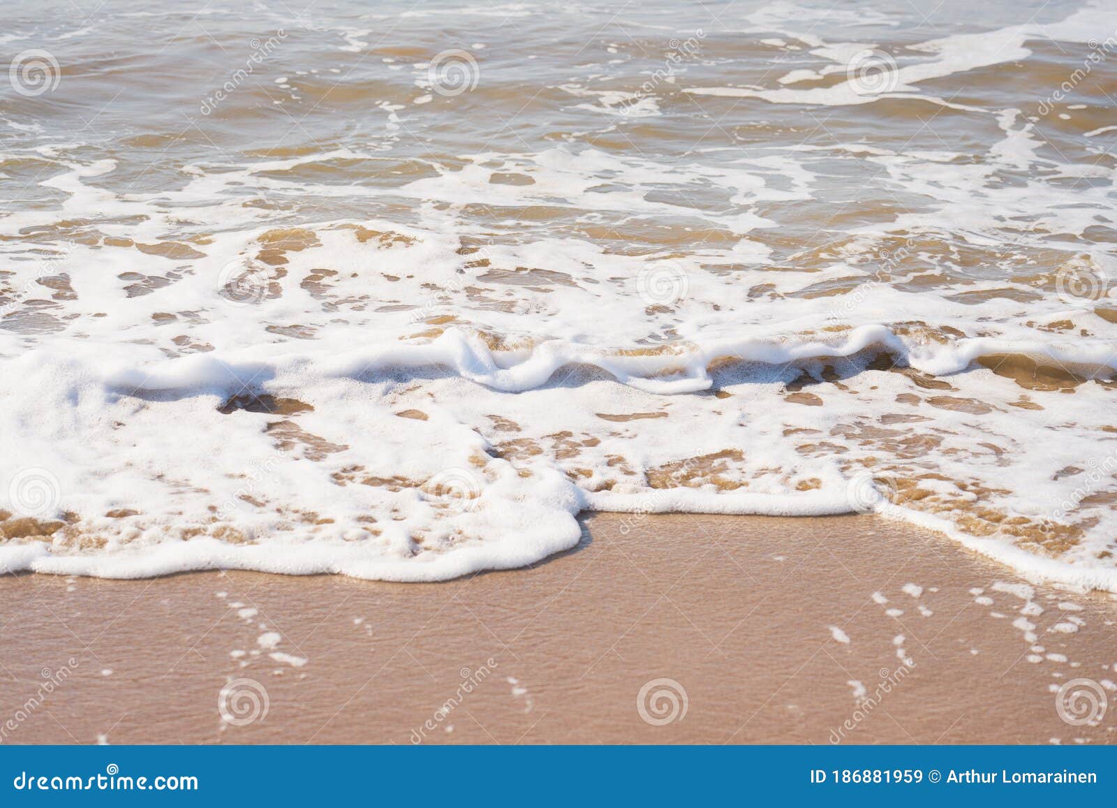 Sandy Beach on a Sunset with Reflection on Wet Sand and Waves with Foam ...