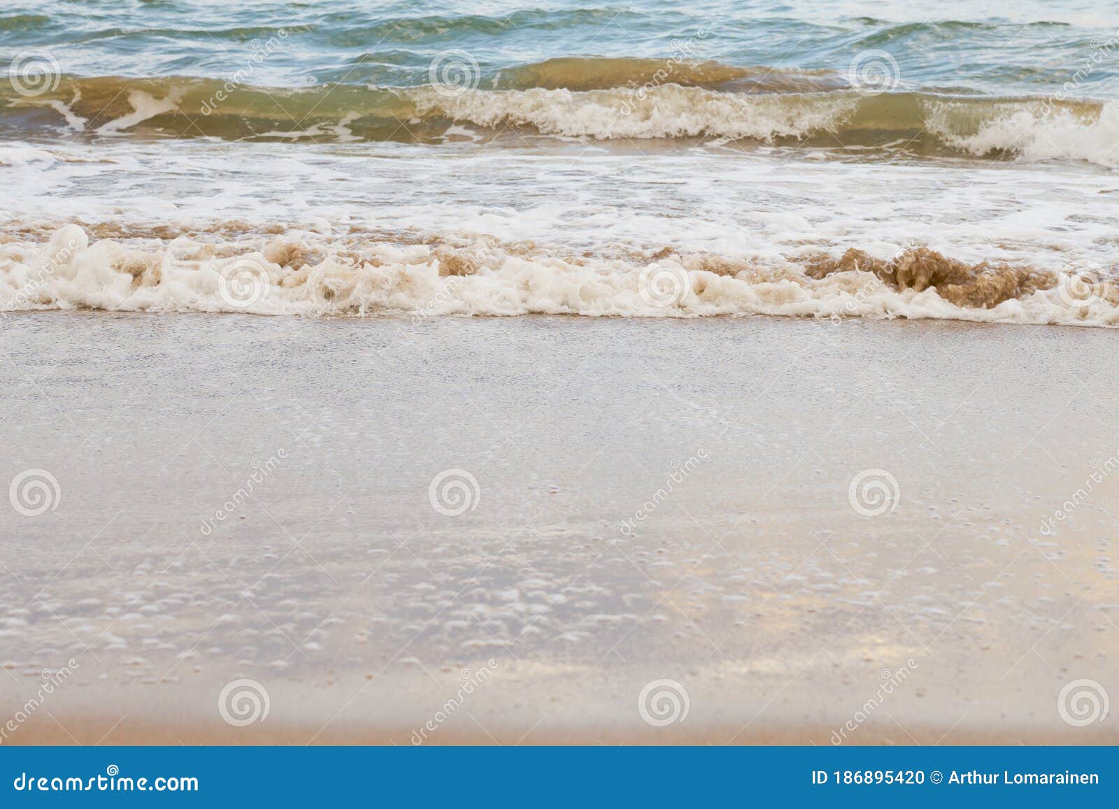 Sandy Beach on a Sunset with Reflection on Wet Sand and Waves with Foam ...