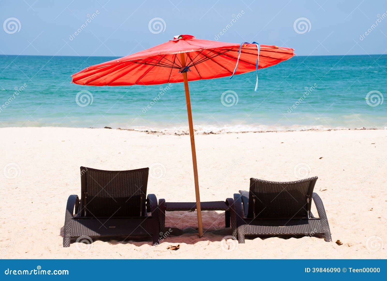 Sandy Beach with Umbrella and Beach Chair Stock Photo - Image of ...